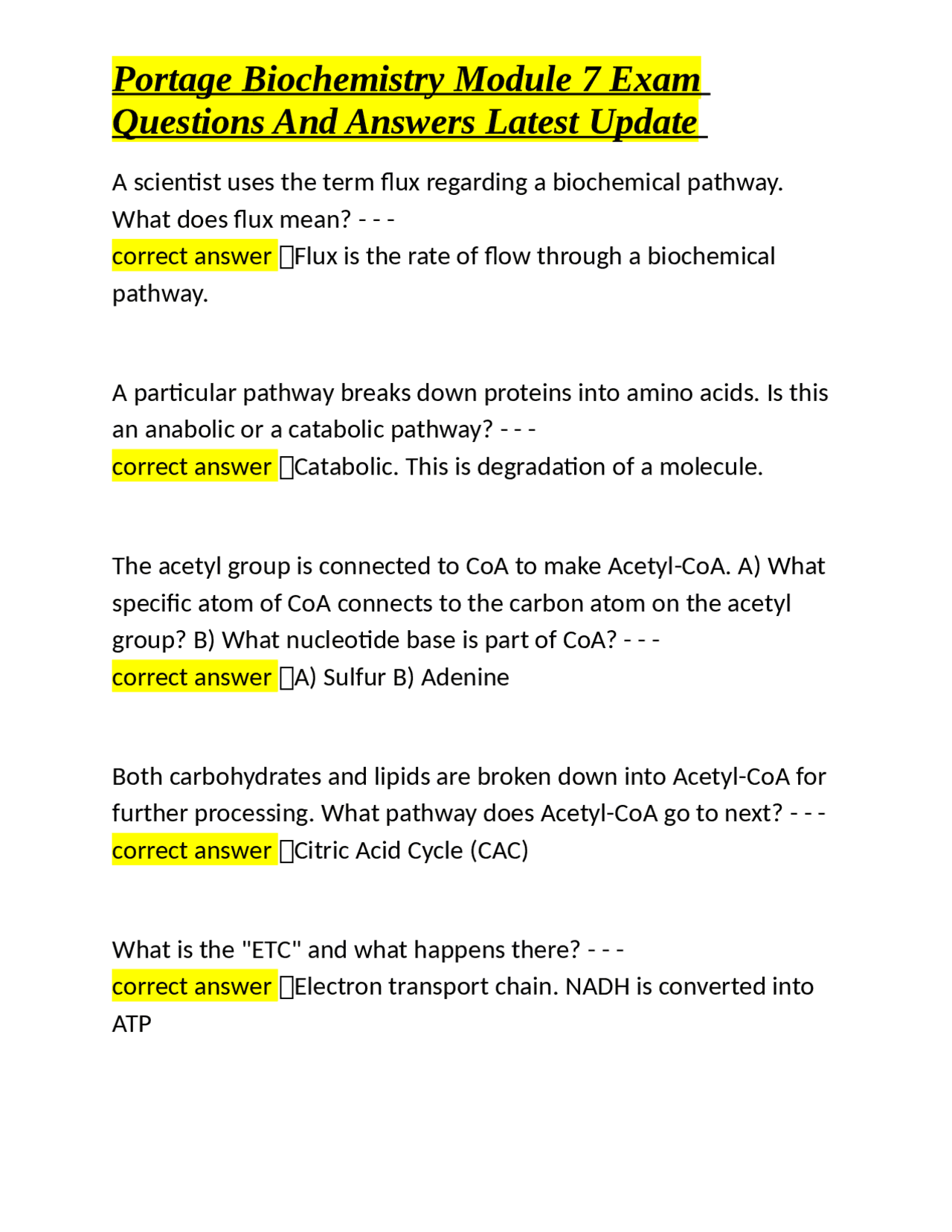 Portage Biochemistry Module 7 Exam: Questions and Answers | Exams Biochemistry | Docsity