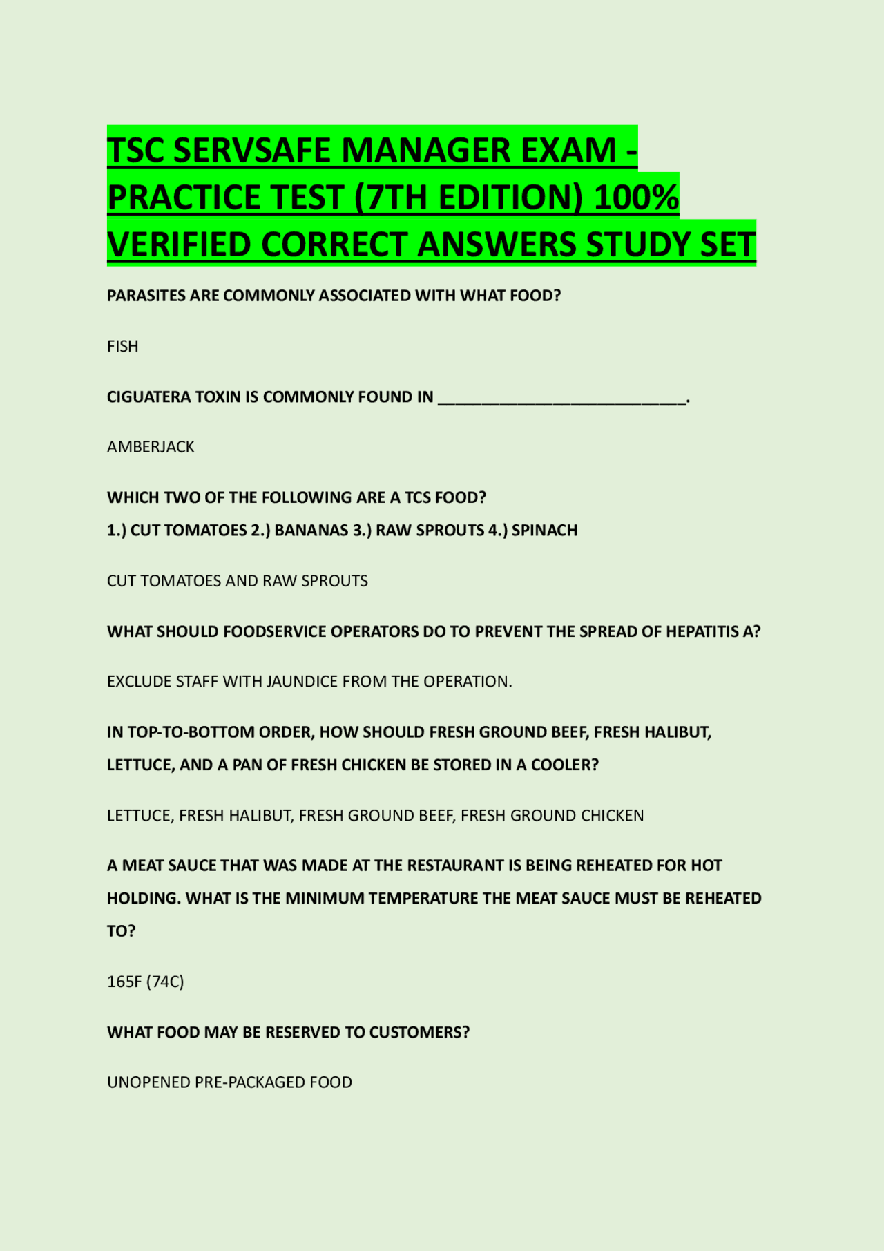 TSC SERVSAFE MANAGER EXAM - PRACTICE TEST (7TH EDITION) 100% VERIFIED ...