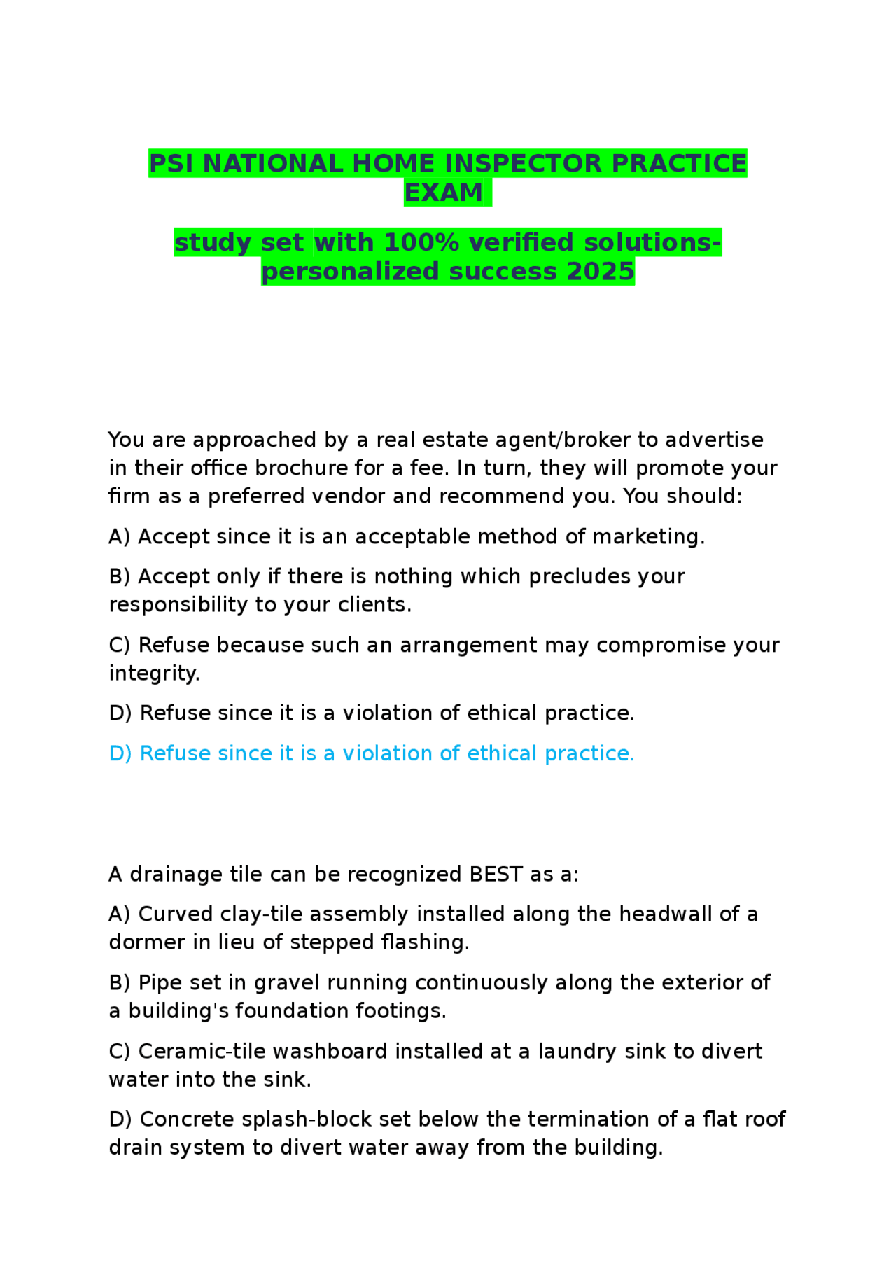 PSI NATIONAL HOME INSPECTOR PRACTICE EXAM study set with 100% verified ...