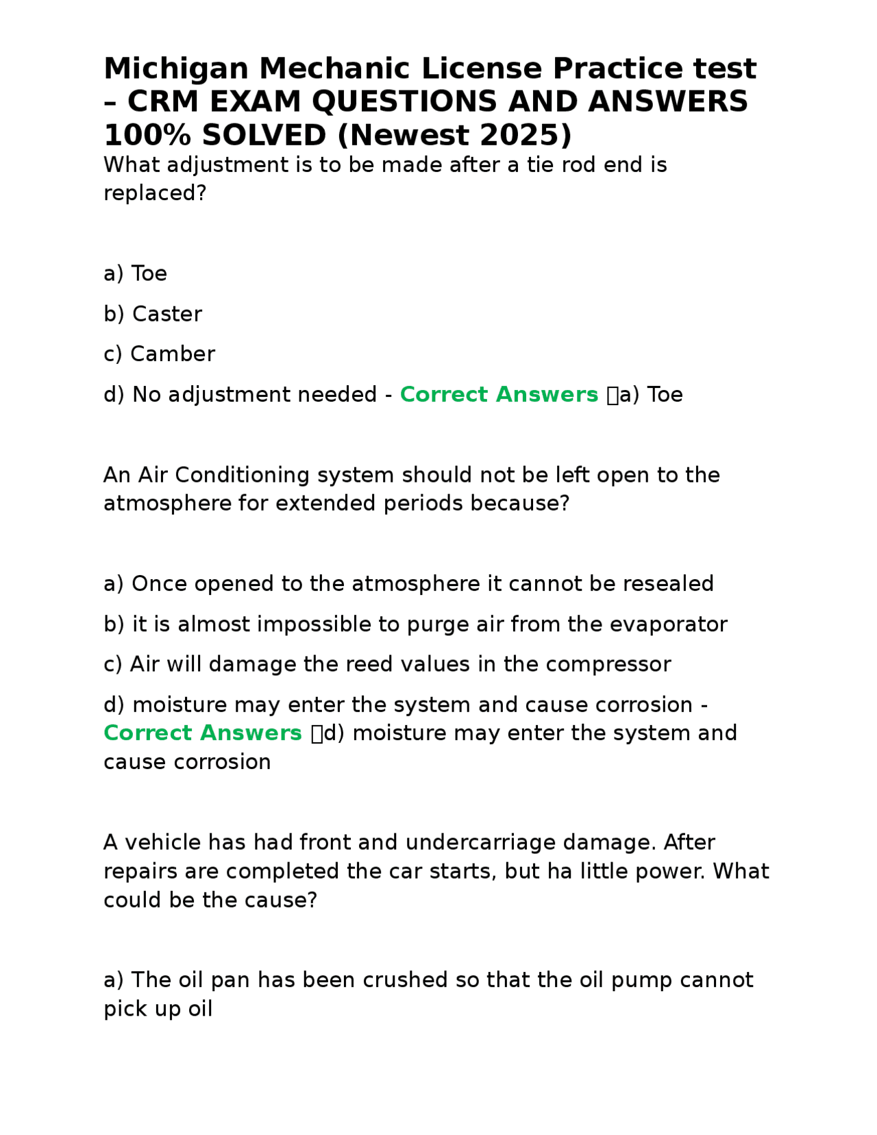 Michigan Mechanic License Practice Test: CRM Exam Questions and Answers ...