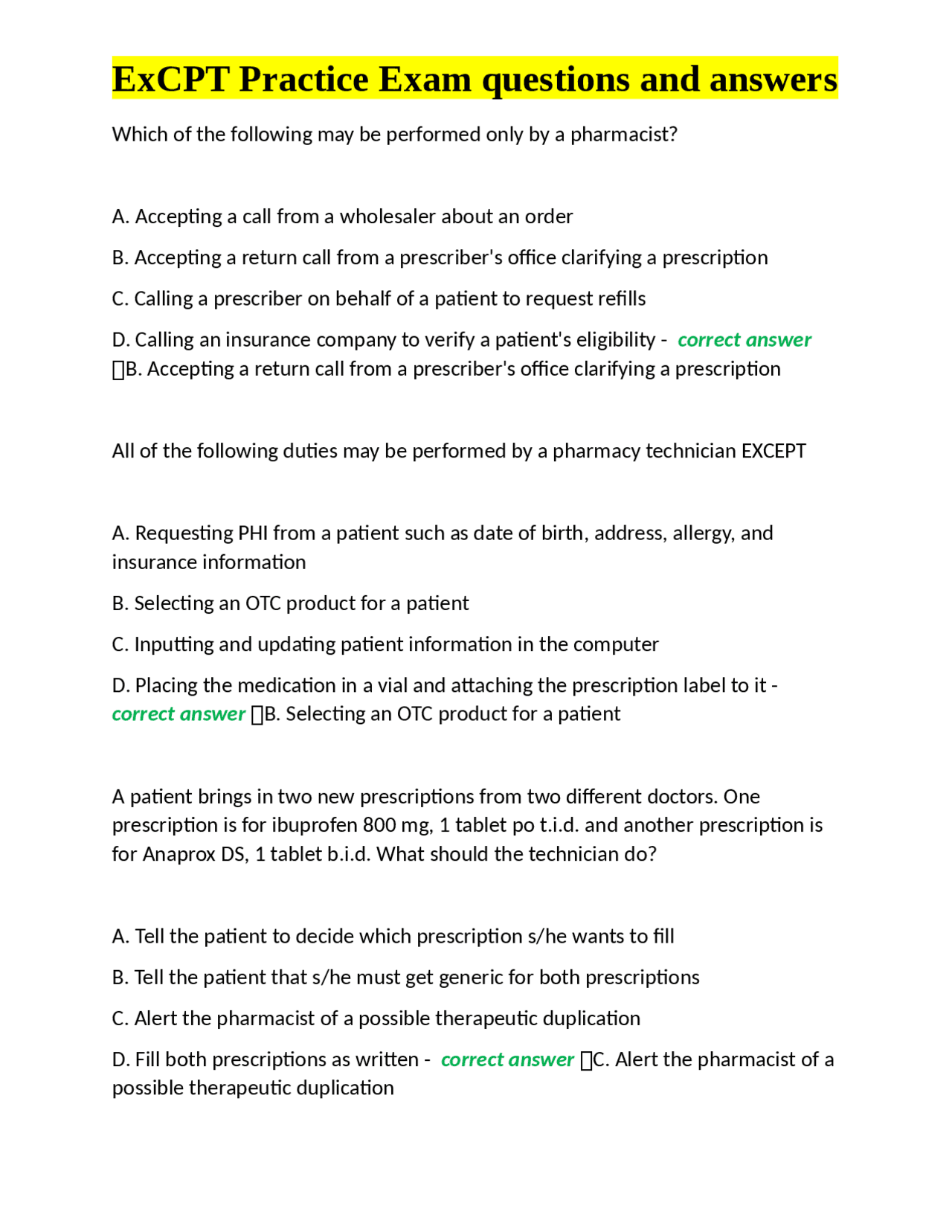 ExCPT Practice Exam Questions and Answers: Pharmacy Technician Exam ...