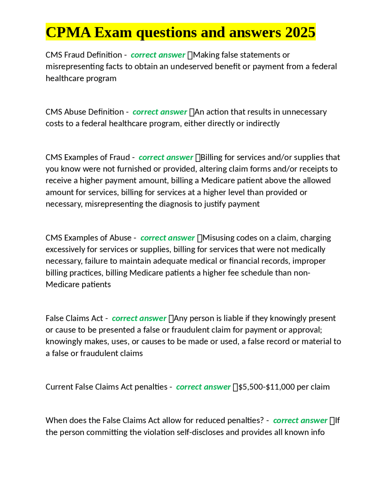 CPMA Exam Questions and Answers: Understanding Healthcare Fraud, Abuse ...