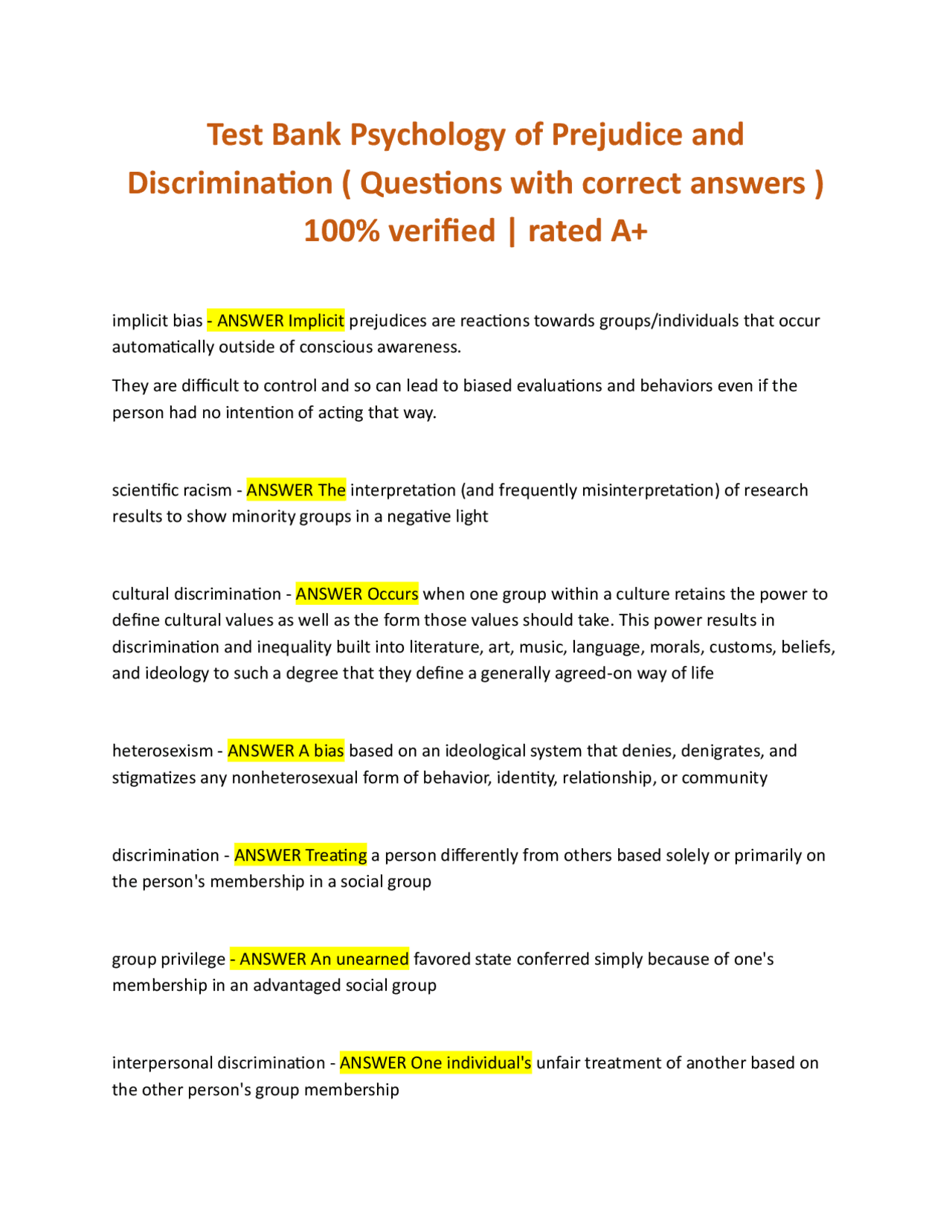 Psychology of Prejudice and Discrimination: Test Bank with Answers ...