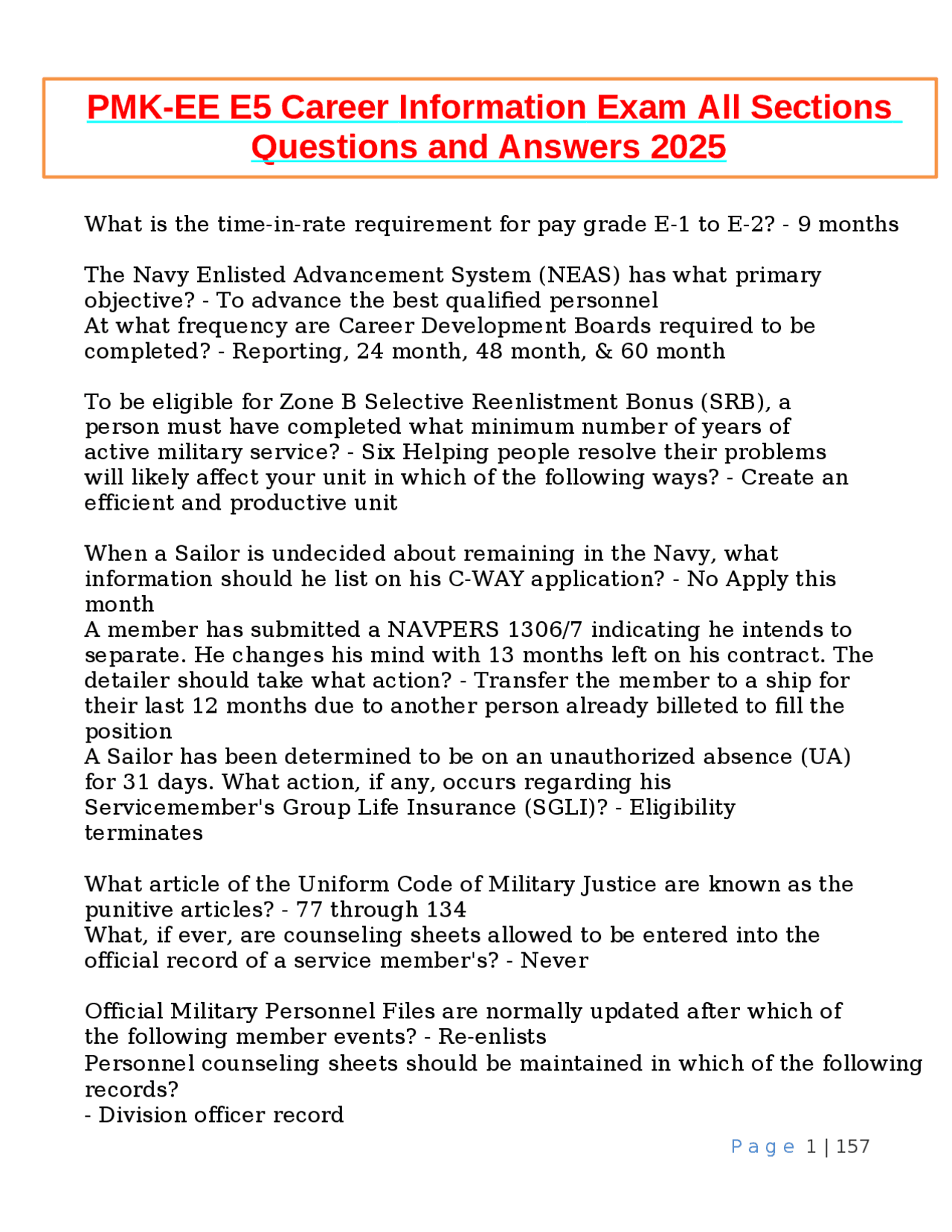 Navy Enlisted Advancement System (NEAS) Questions and Answers | Exams ...