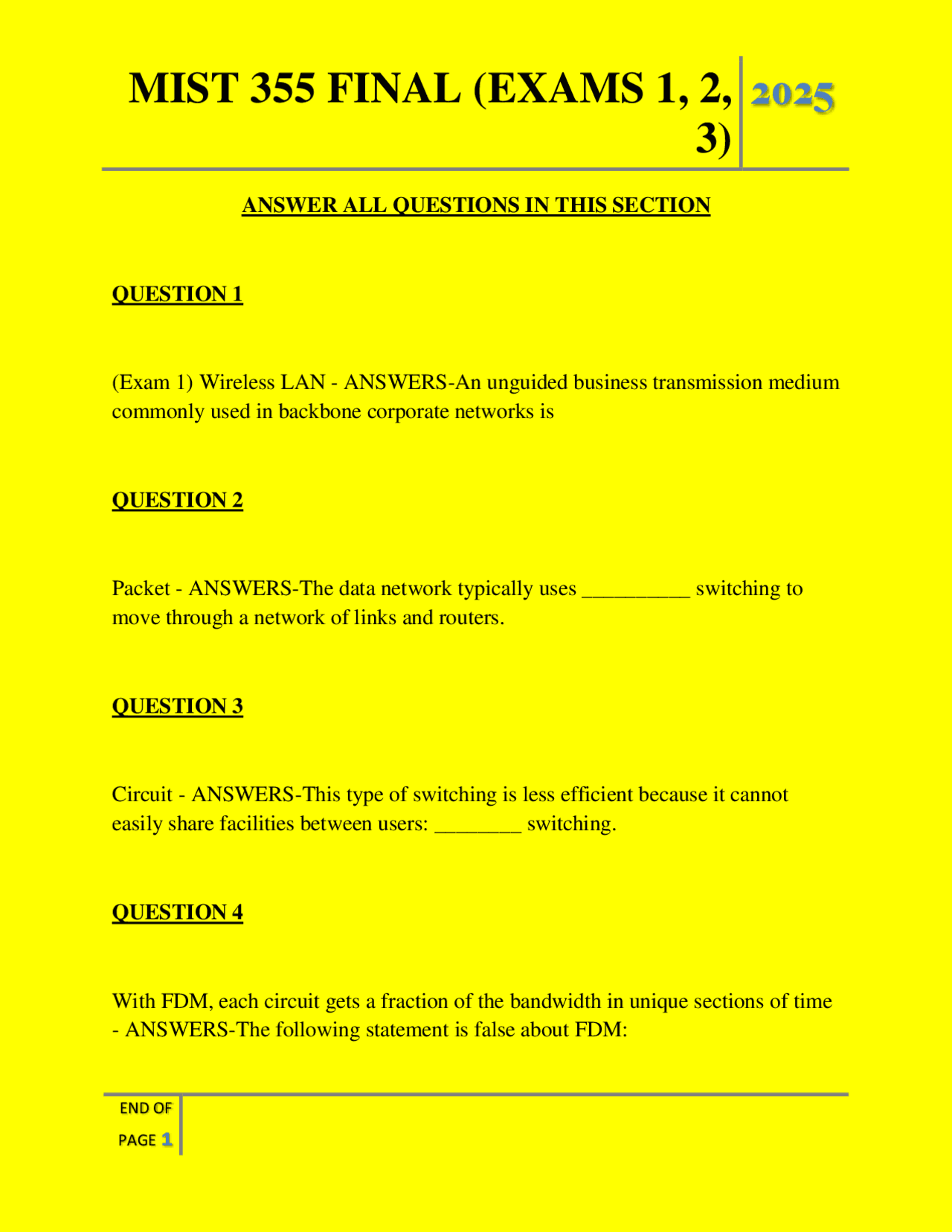 MIST 355 Final Exam Questions and Answers: Networking Concepts and ...