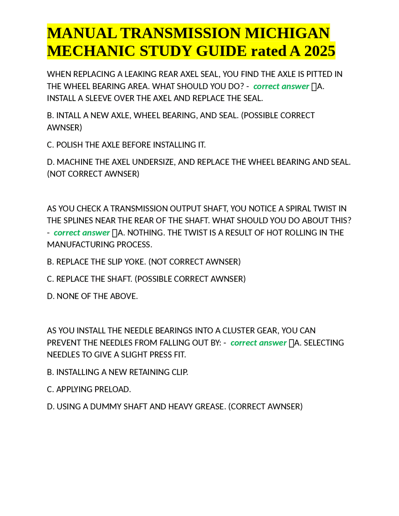 Manual Transmission Michigan Mechanic Study Guide: Multiple Choice ...