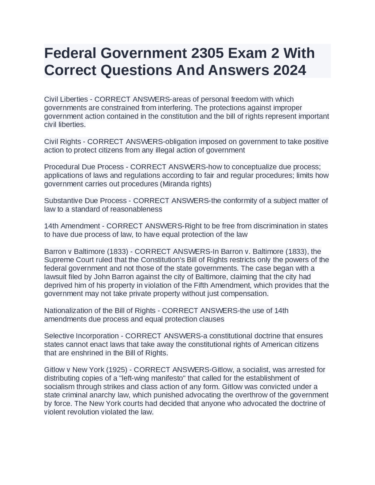 Federal Government 2305 Exam 2 With Correct Questions And Answers 2024 ...