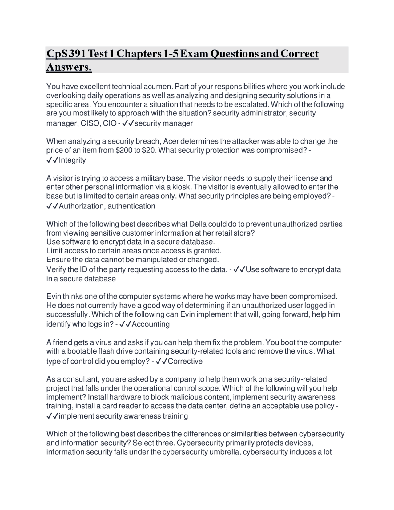 CpS 391 Test 1 Chapters 1-5 Exam Questions and Correct Answers. | Exams ...