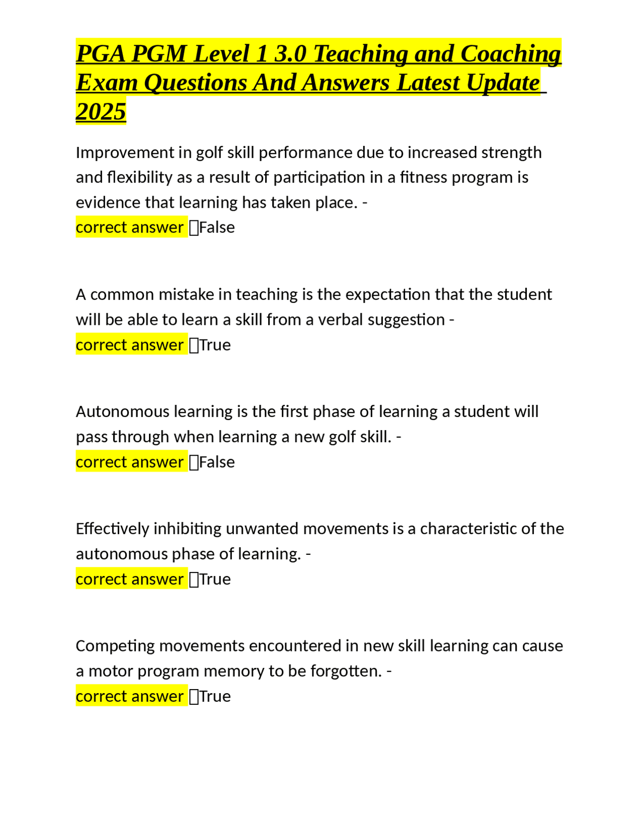 PGA PGM Level 1 3.0 Teaching and Coaching Exam Questions and Answers | Exams Teaching method ...
