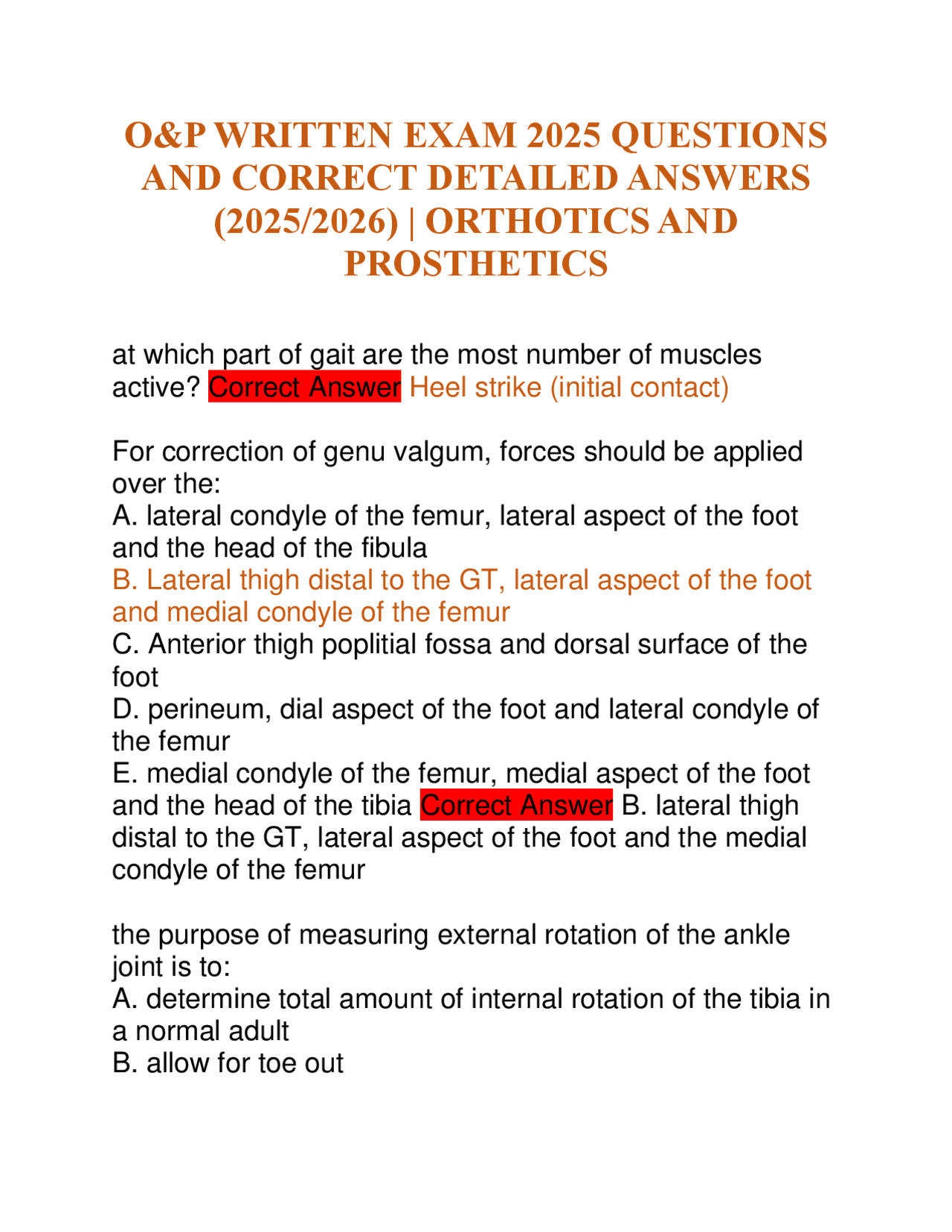 O&P WRITTEN EXAM 2025 QUESTIONS AND CORRECT ANSWERS (2025/2026 ...