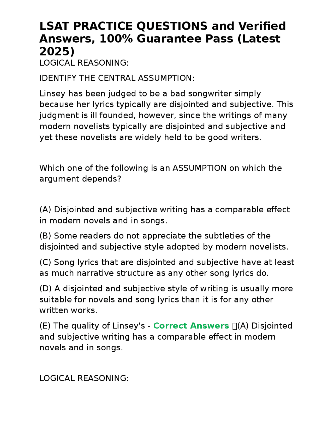 LSAT PRACTICE QUESTIONS and Verified Answers, 100% Guarantee Pass ...