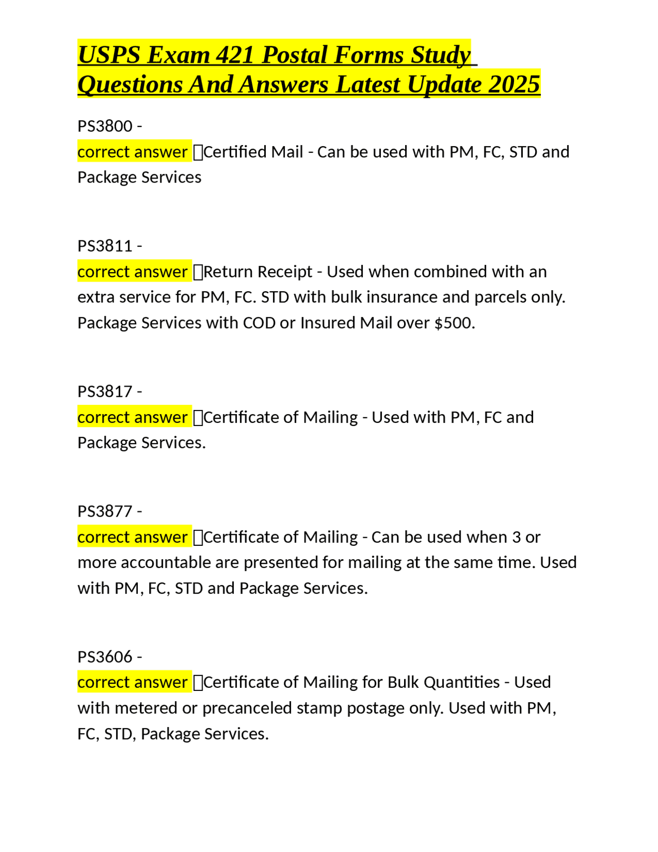 USPS Exam 421 Postal Forms Study: Questions and Answers | Exams ...