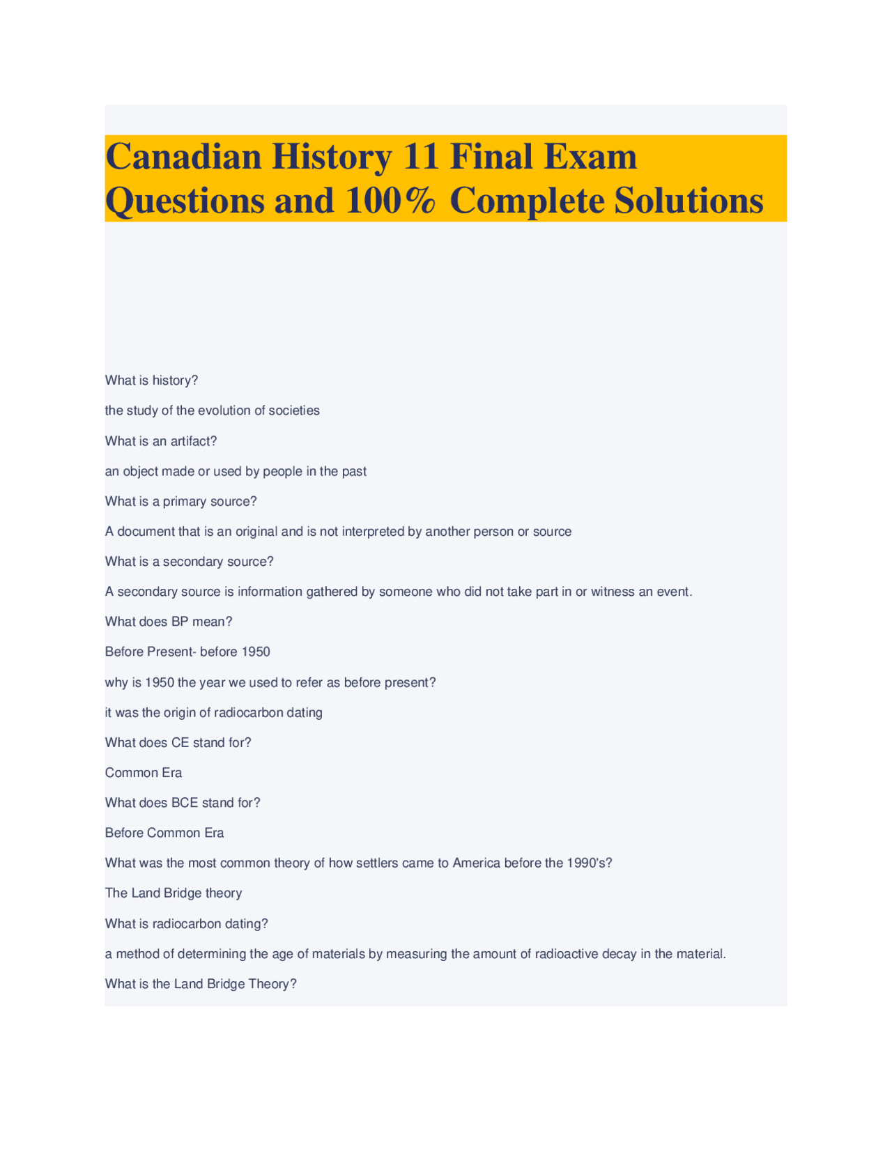Canadian History 11 Final Exam: Questions and Answers | Exams Social ...