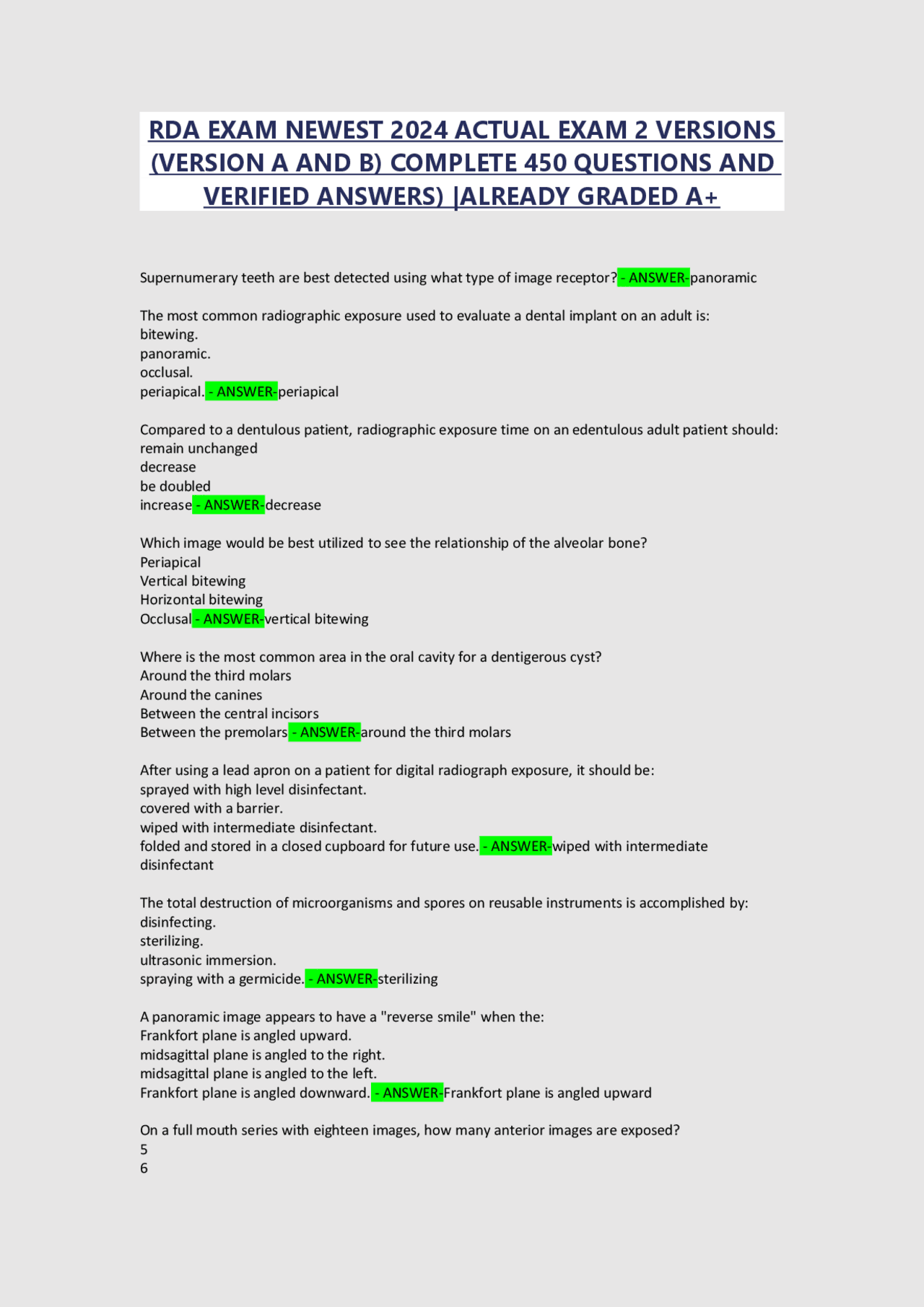 Dental Radiography Exam Questions and Answers: RDA Exam Preparation ...