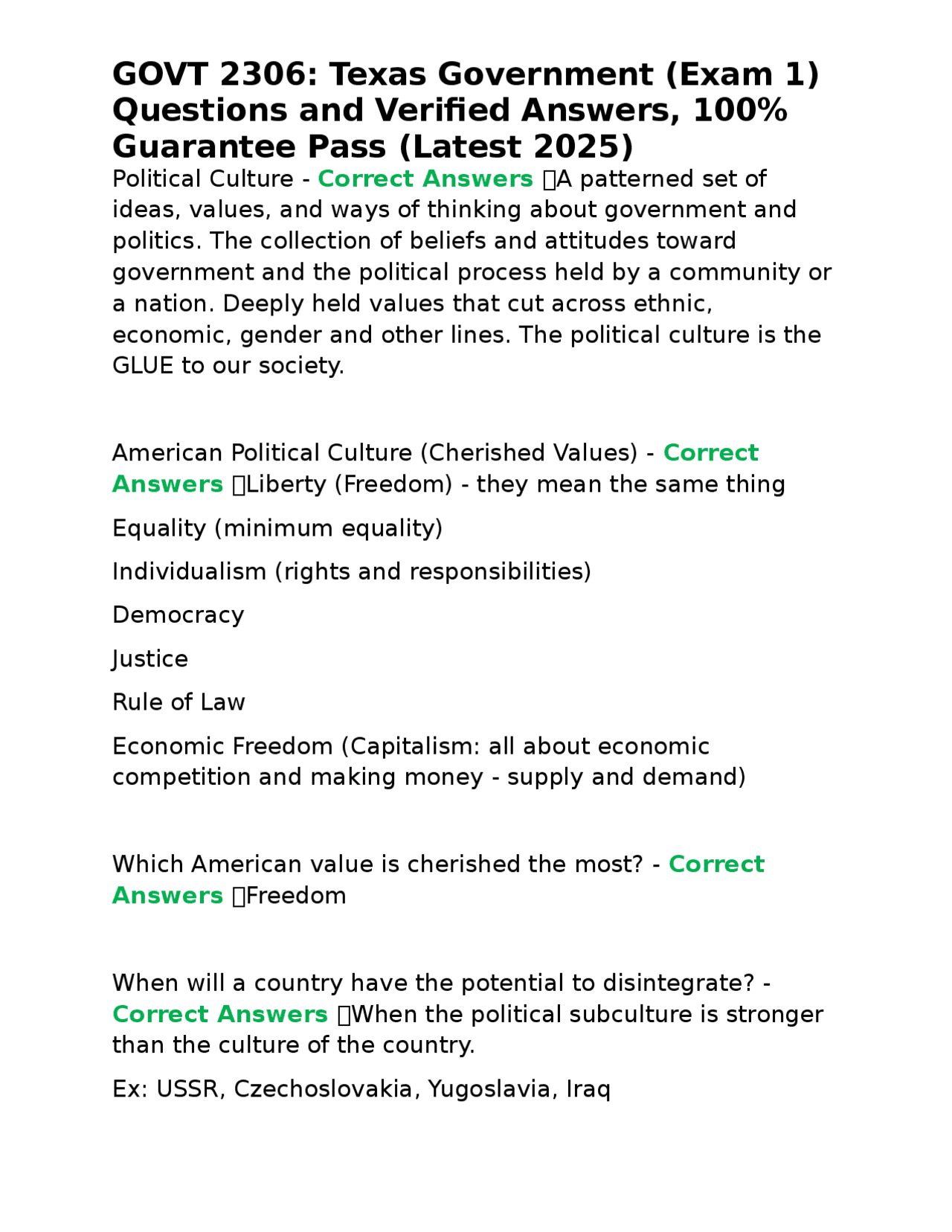 Texas Government Exam 1: Political Culture and Subcultures | Exams ...