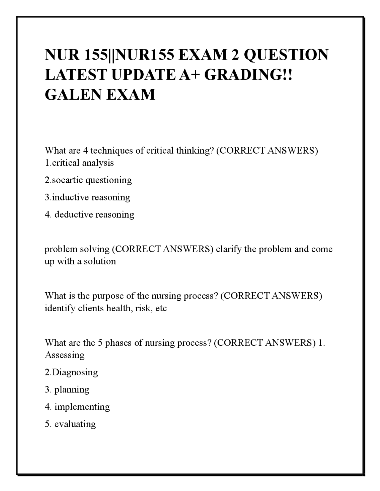 NUR 155||NUR155 EXAM 2 QUESTION LATEST UPDATE A+ GRADING!! GALEN ...
