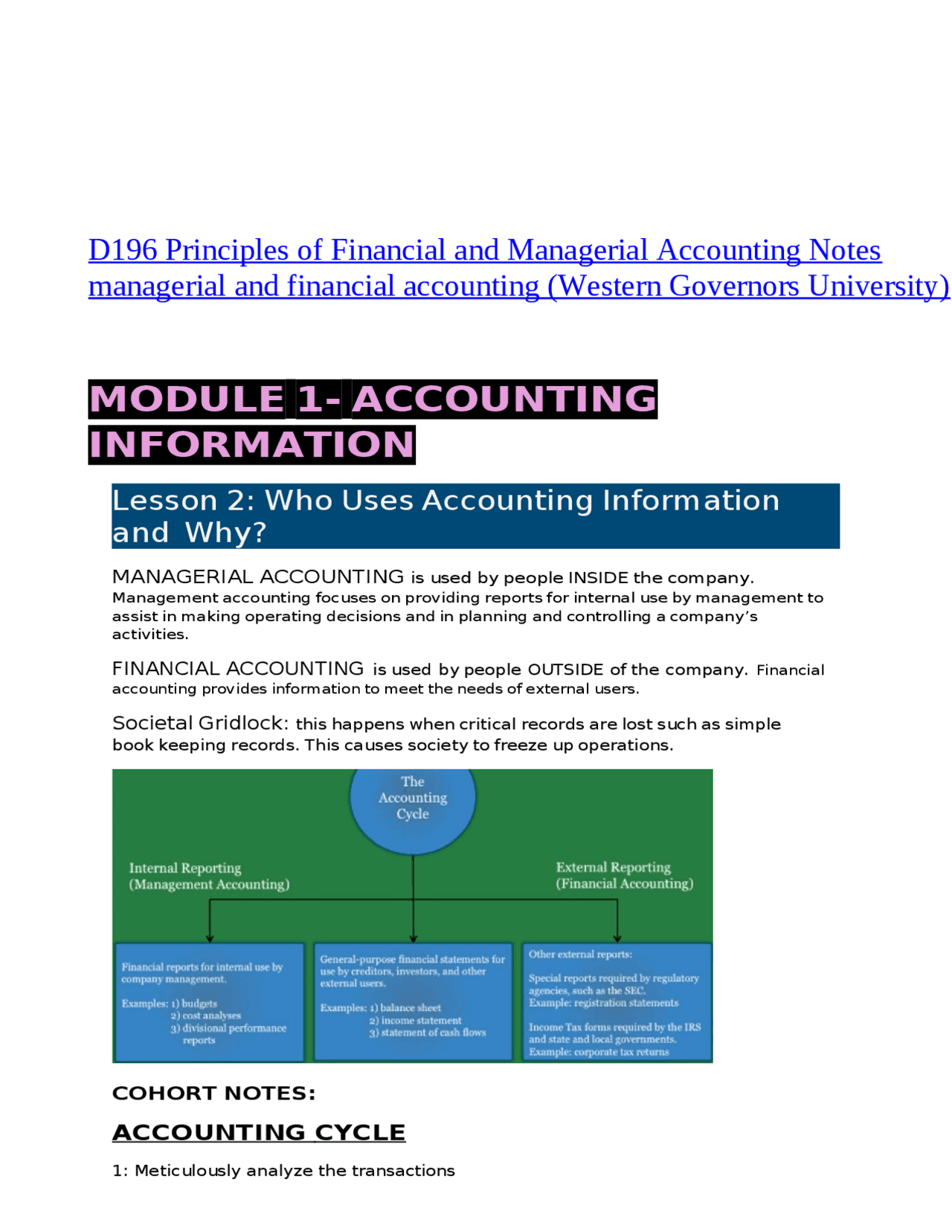D196 Principles of Financial and Managerial Accounting Notes managerial ...