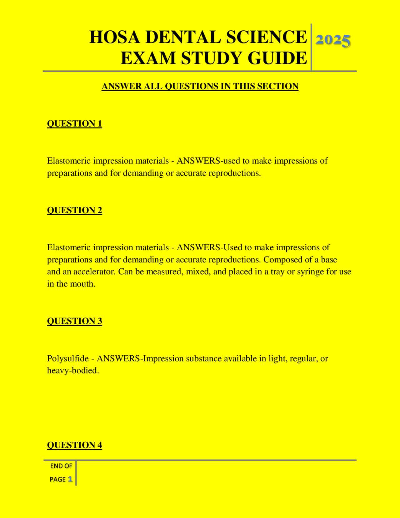 HOSA DENTAL SCIENCE EXAM STUDY GUIDE QUESTIONS AND ANSWERS 2025 | Exams Dentistry | Docsity