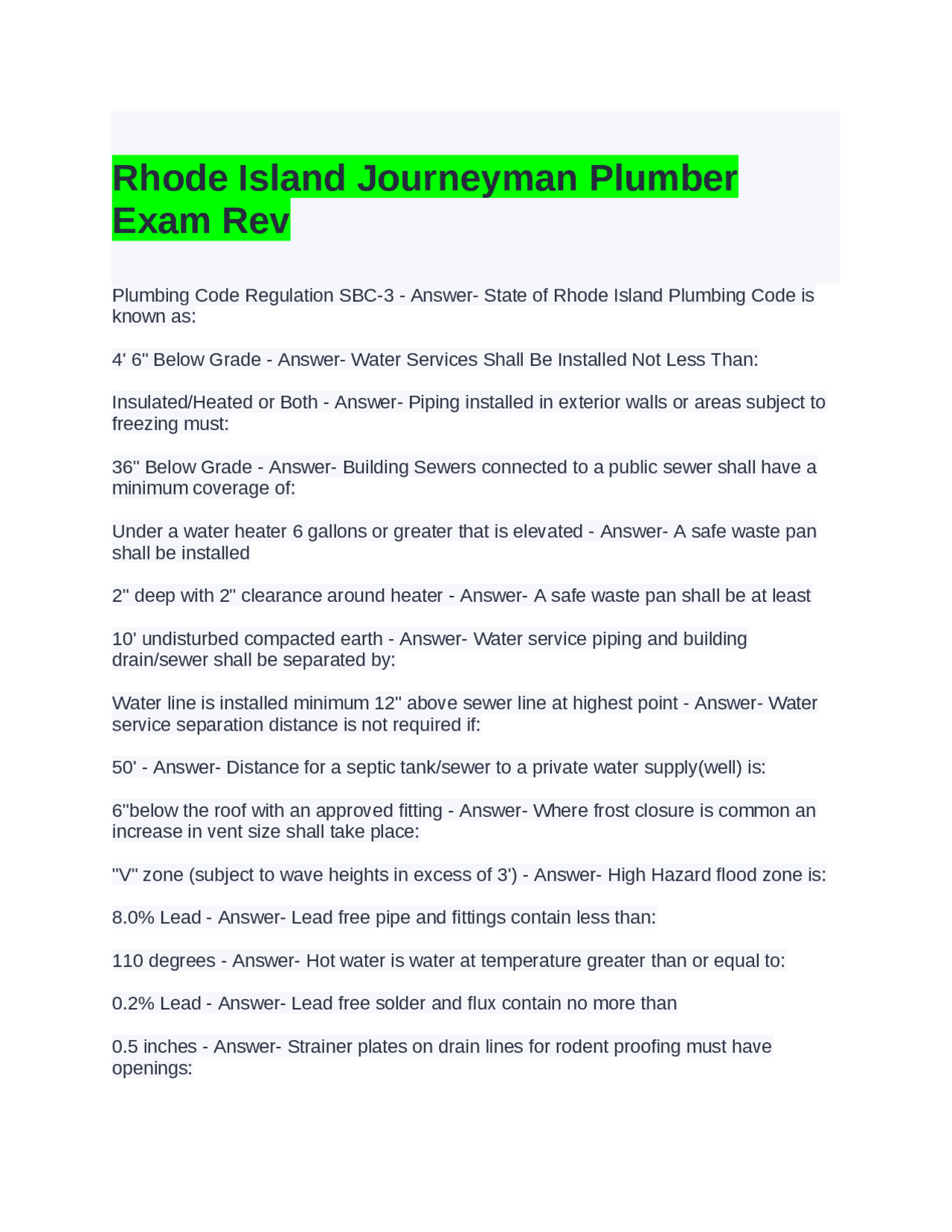Rhode Island Journeyman Plumber Exam Review: Plumbing Code Regulations ...
