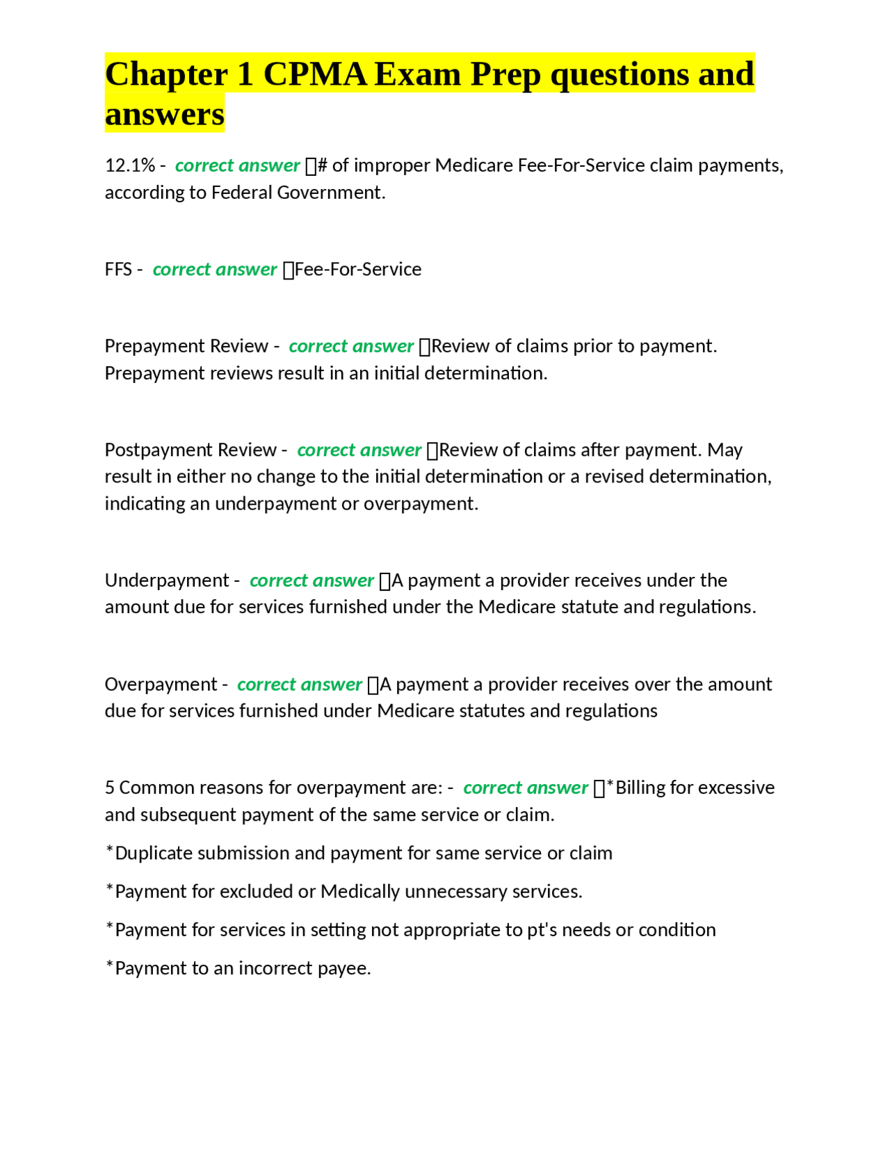 CPMA Exam Prep: Questions and Answers - Chapter 1 | Exams Nursing | Docsity