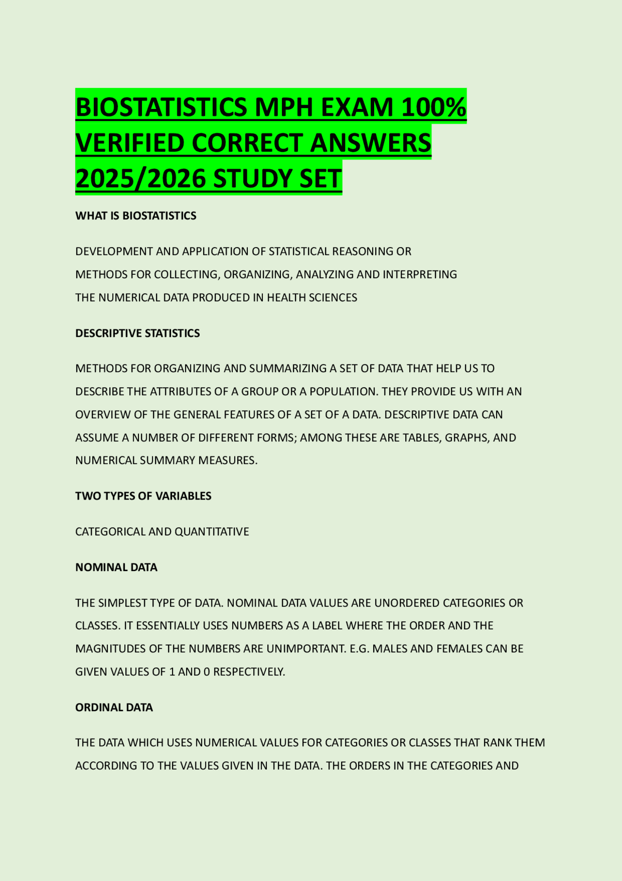 BIOSTATISTICS MPH EXAM 100% VERIFIED CORRECT ANSWERS 2025/2026 STUDY SET | Exams Health sciences ...