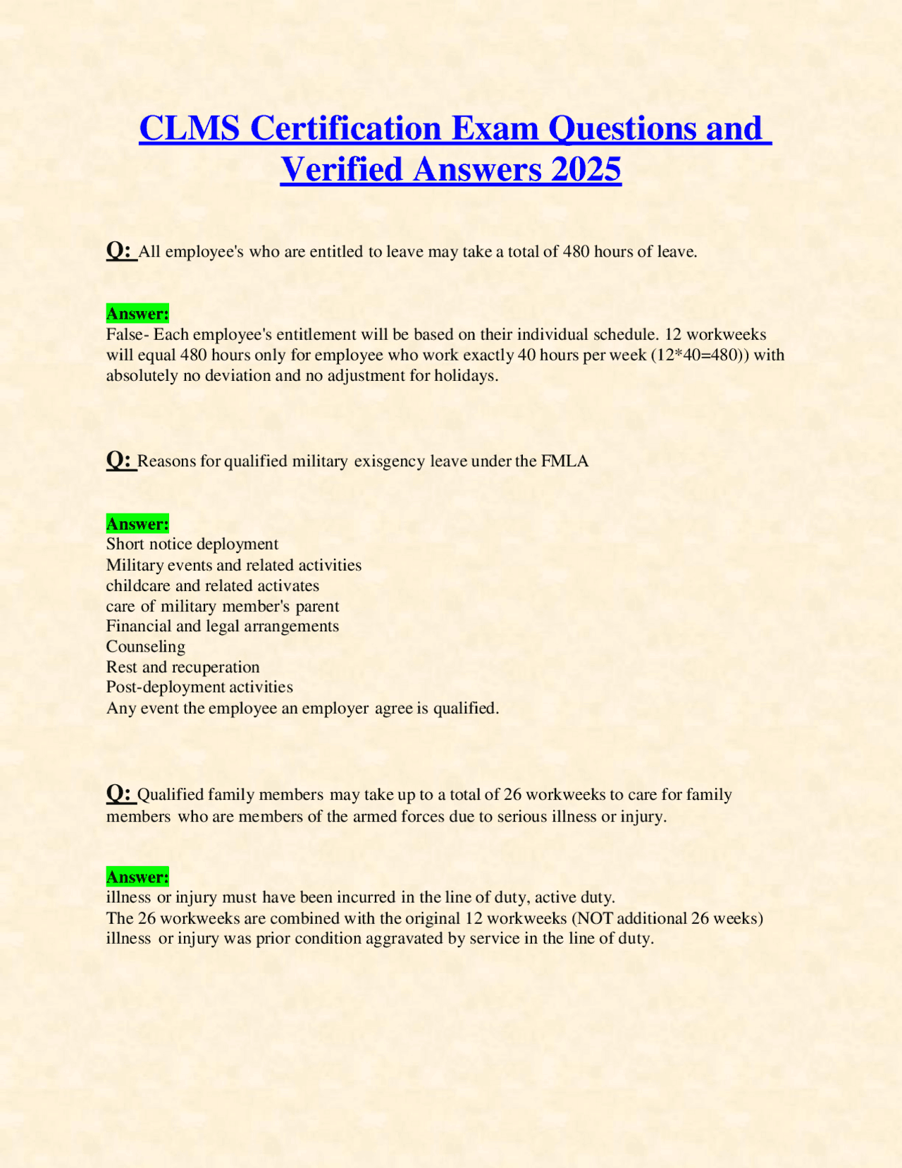 FMLA Leave: Certification Exam Questions and Answers | Exams Nursing ...