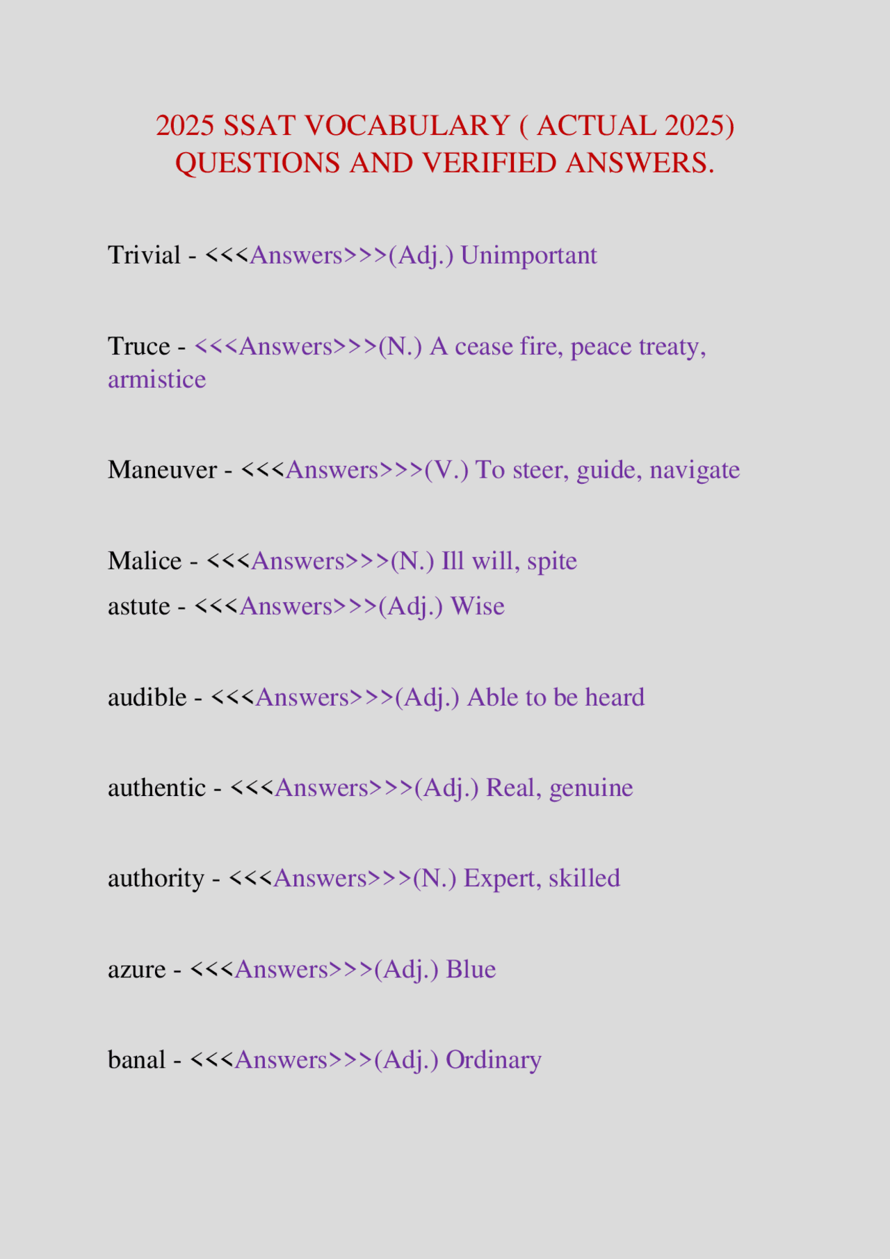 2025 SSAT Vocabulary: Actual Questions and Verified Answers | Exams Advanced Education | Docsity