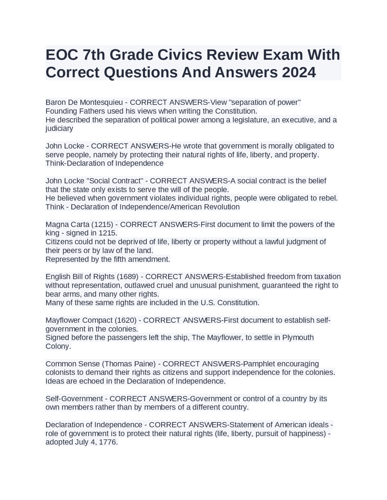 EOC 7th Grade Civics Review Exam With Correct Questions And Answers ...