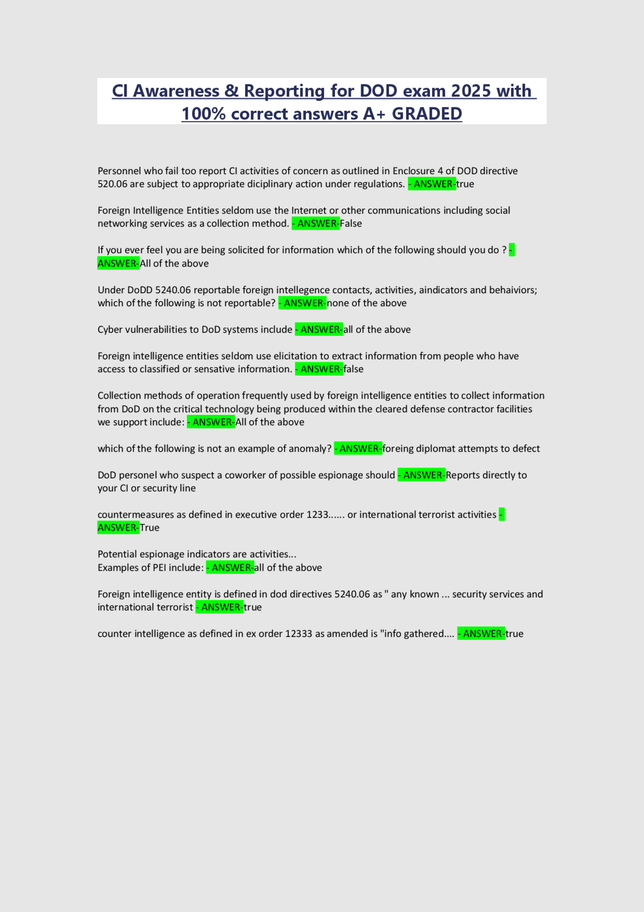 CI Awareness & Reporting for DOD: Exam Preparation with Answers | Exams ...