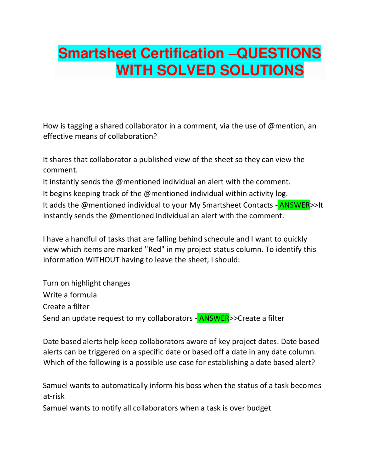 Smartsheet Certification –QUESTIONS WITH SOLVED SOLUTIONS | Exams ...
