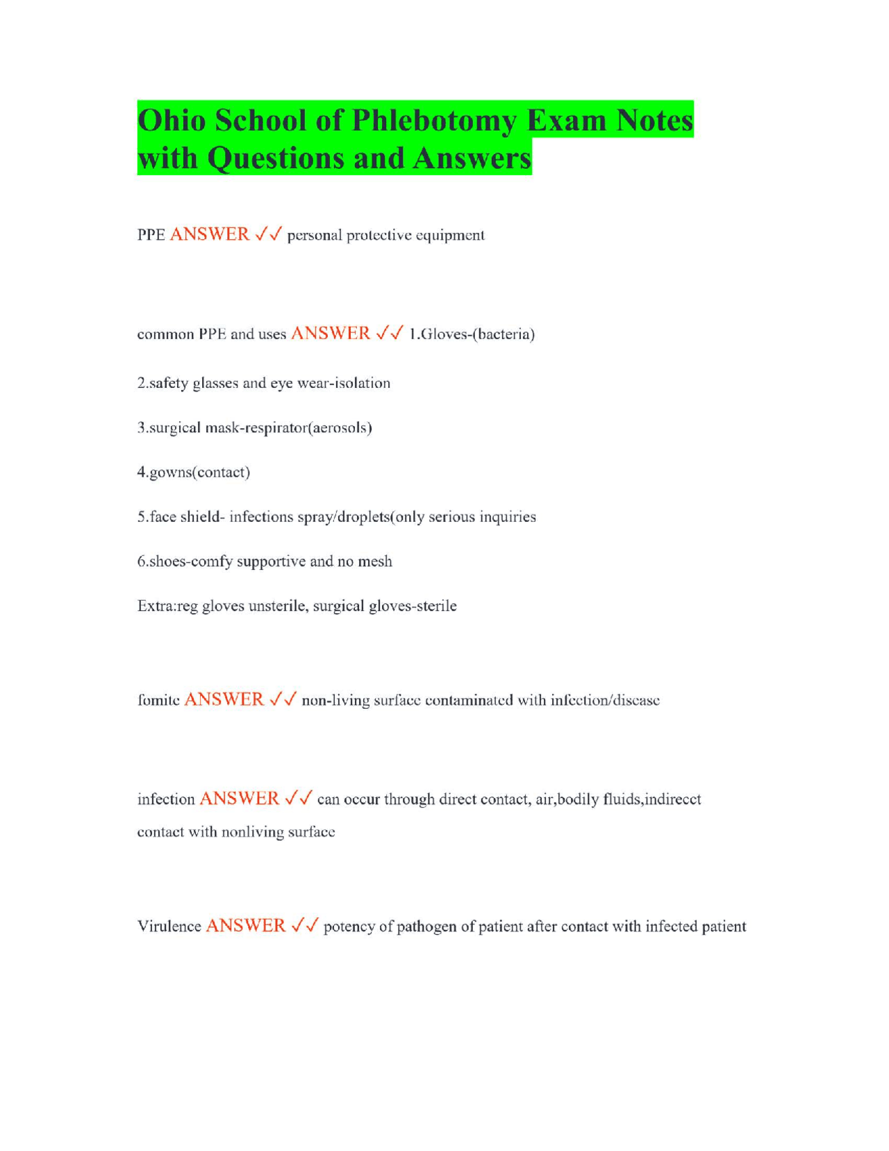Ohio School of Phlebotomy Exam Notes with Questions and Answers | Exams ...