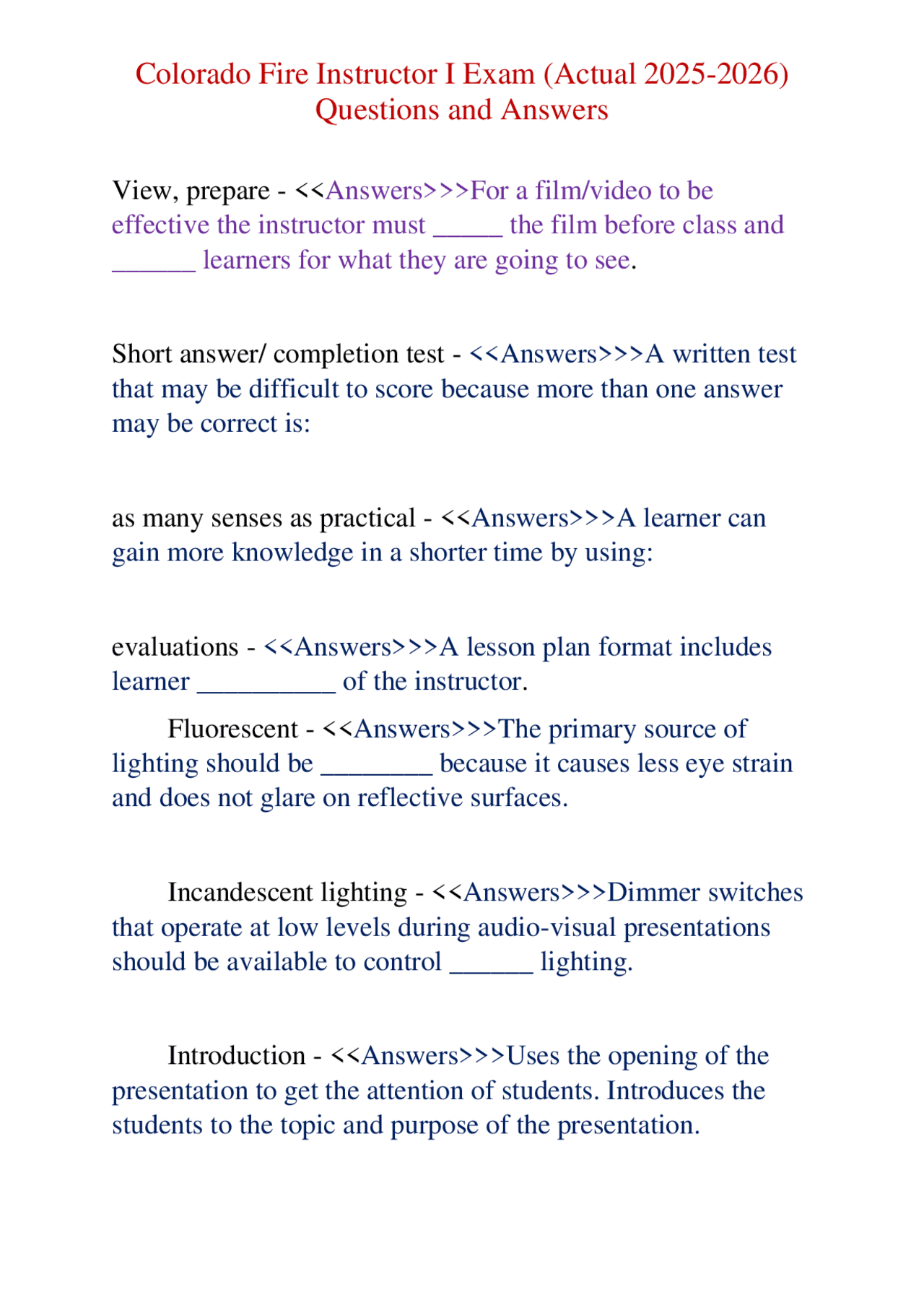 Colorado Fire Instructor I Exam (Actual 2025-2026) Questions and ...