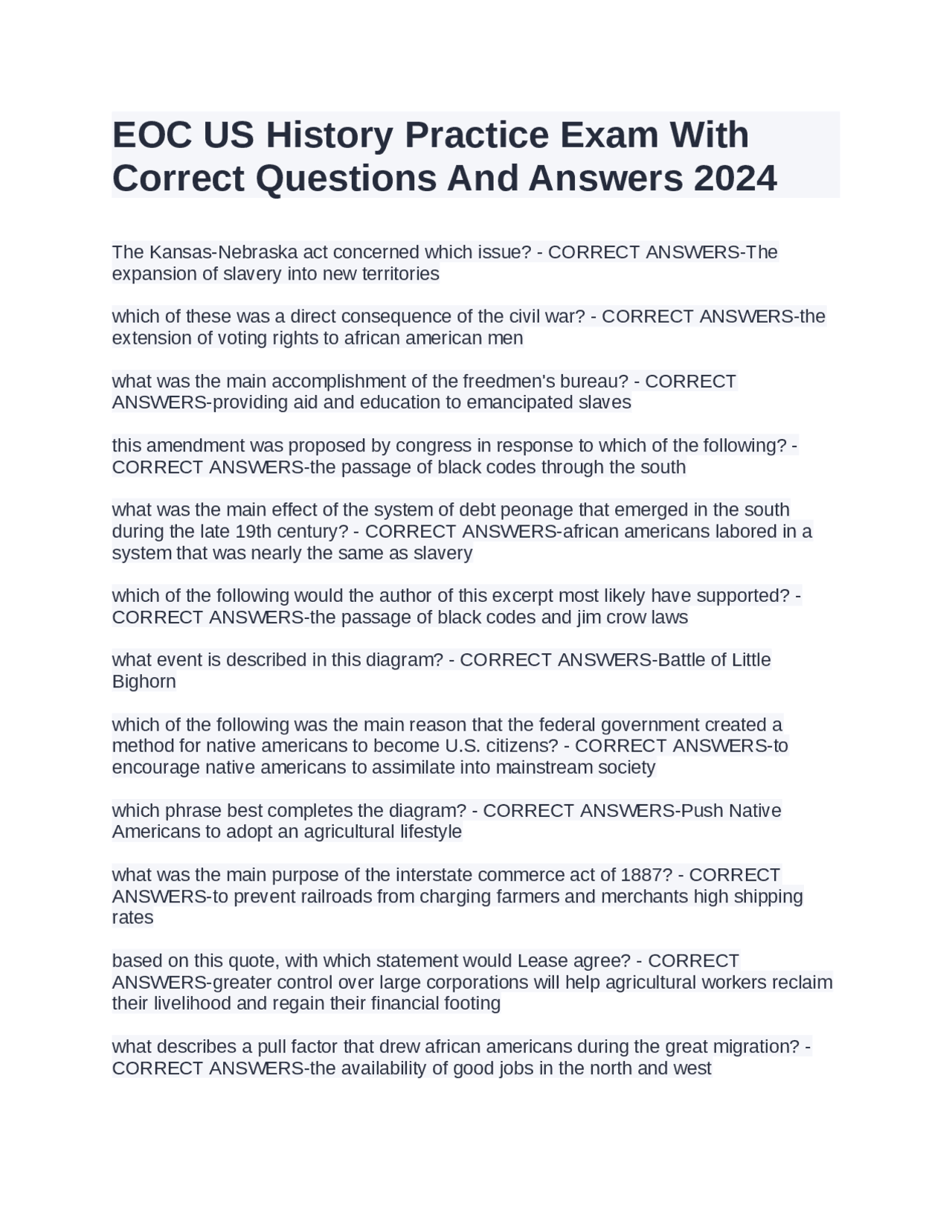 EOC US History Practice Exam With Correct Questions And Answers 2024 ...