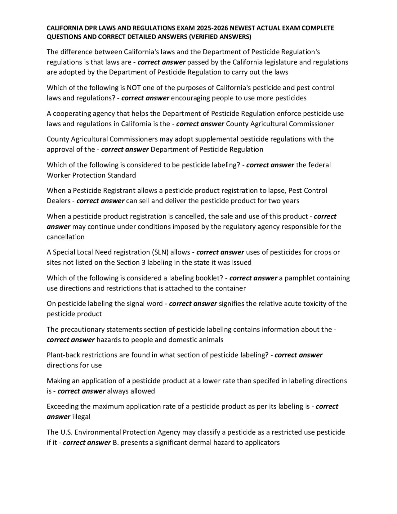 California DPR Laws and Regulations Exam: 2025-2026 | Exams ...