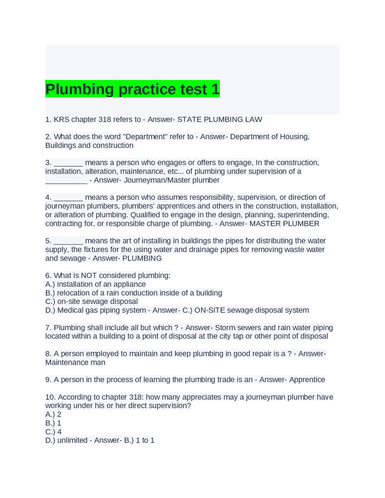Plumbing practice test 1 with complete solutions | Exams Advanced ...