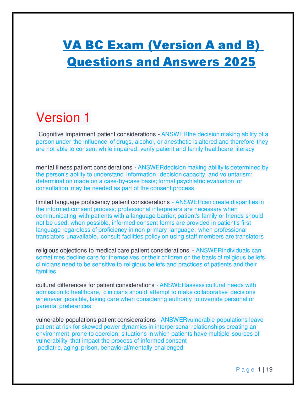 VA BC Exam (Version A and B) Questions and Answers 2025 | Exams Nursing ...