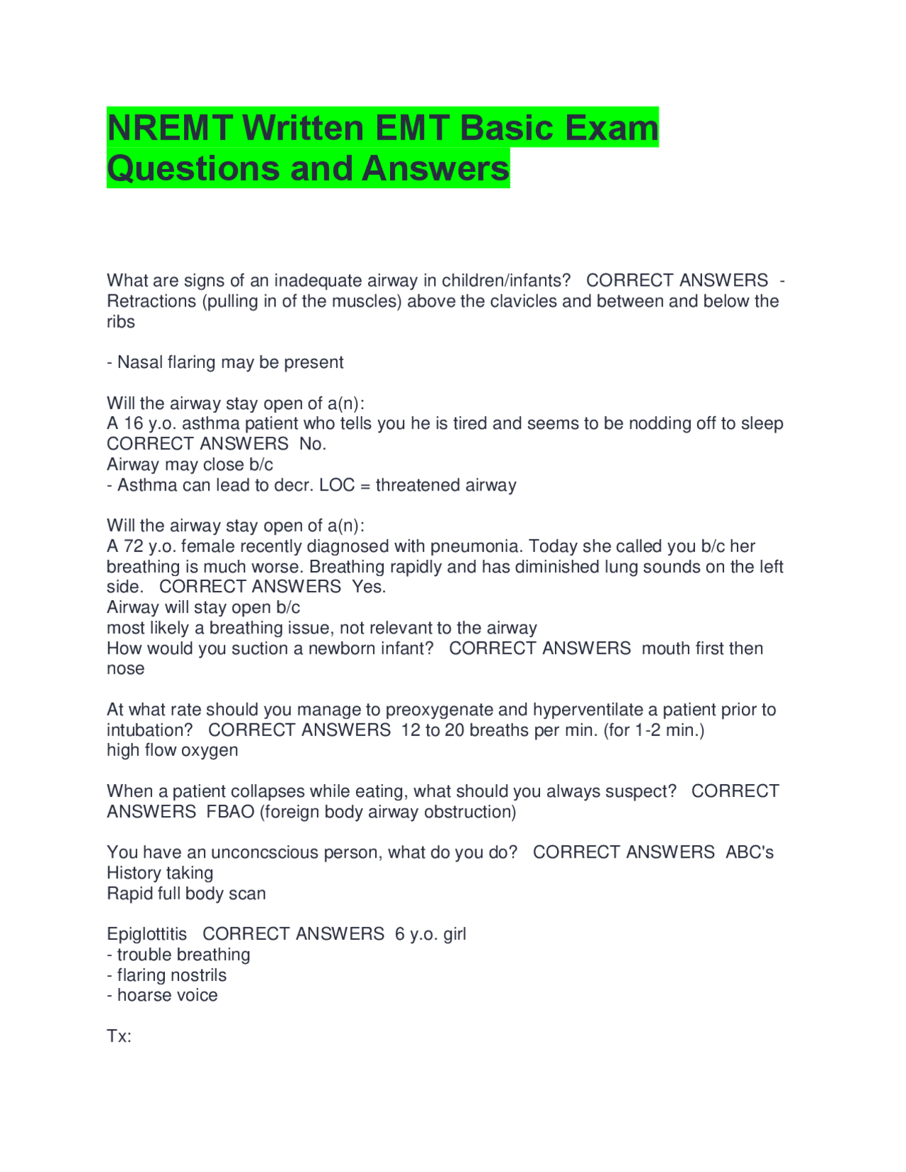 NREMT Written EMT Basic Exam Questions and Answers | Exams Advanced ...