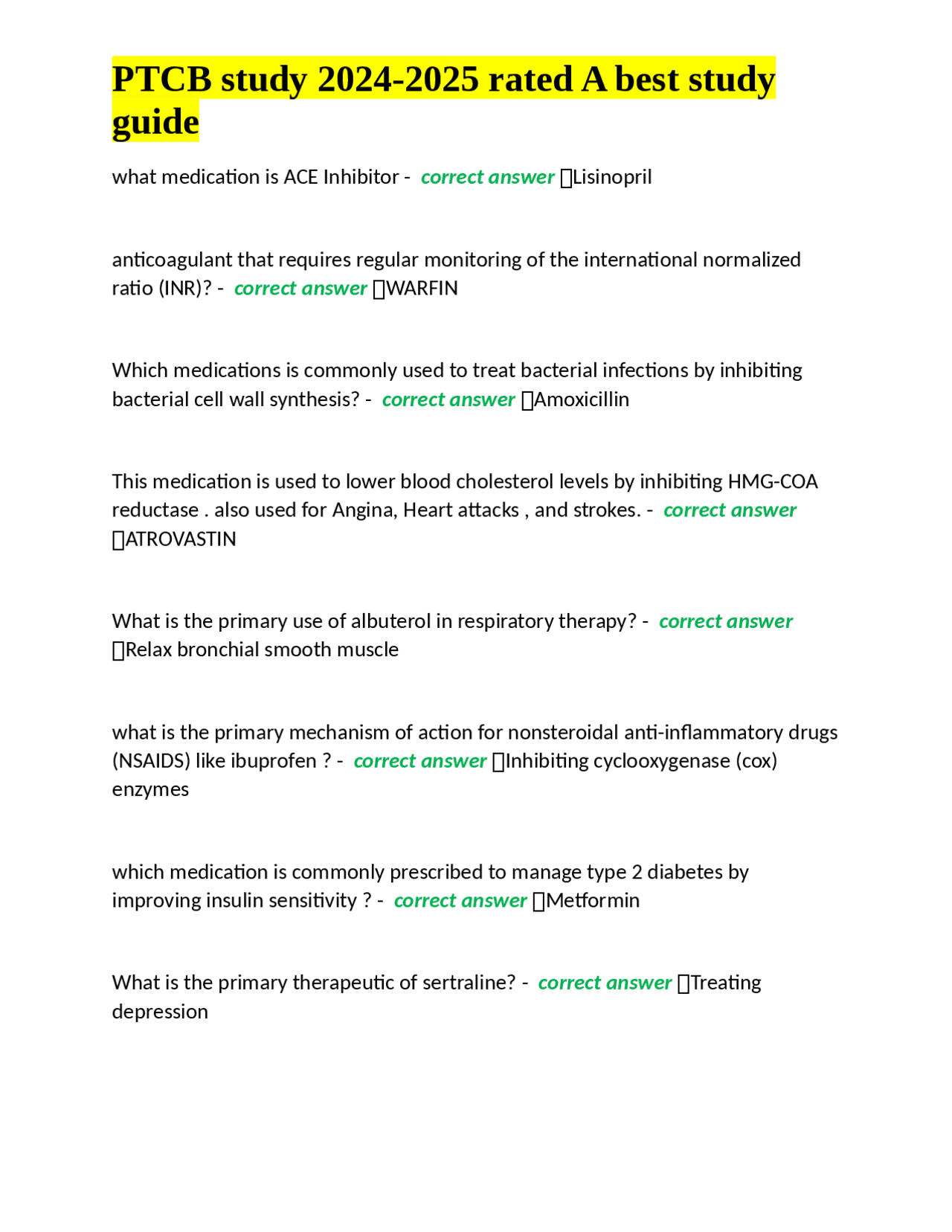 PTCB Study Guide: Medications and Their Uses | Exams Nursing | Docsity