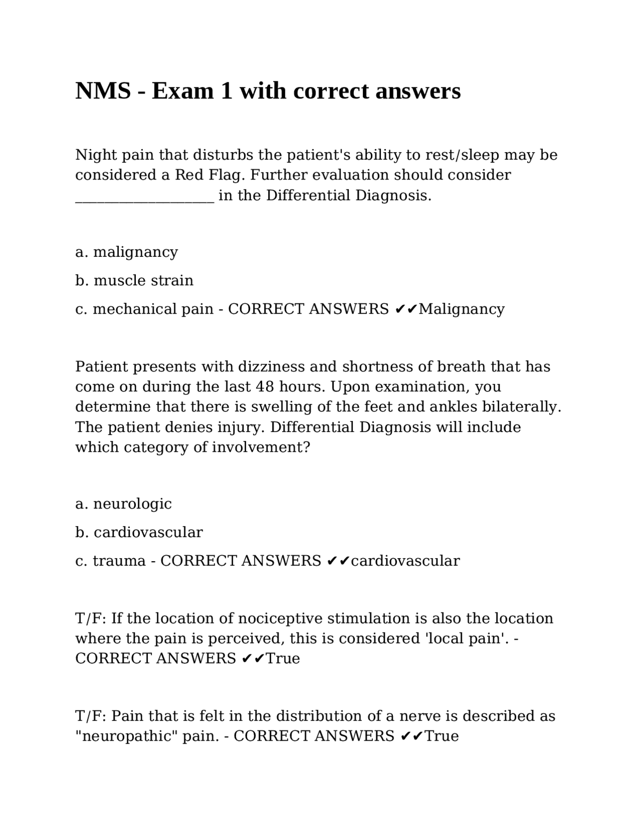 NMS Exam 1: Musculoskeletal System - Questions and Answers | Exams ...