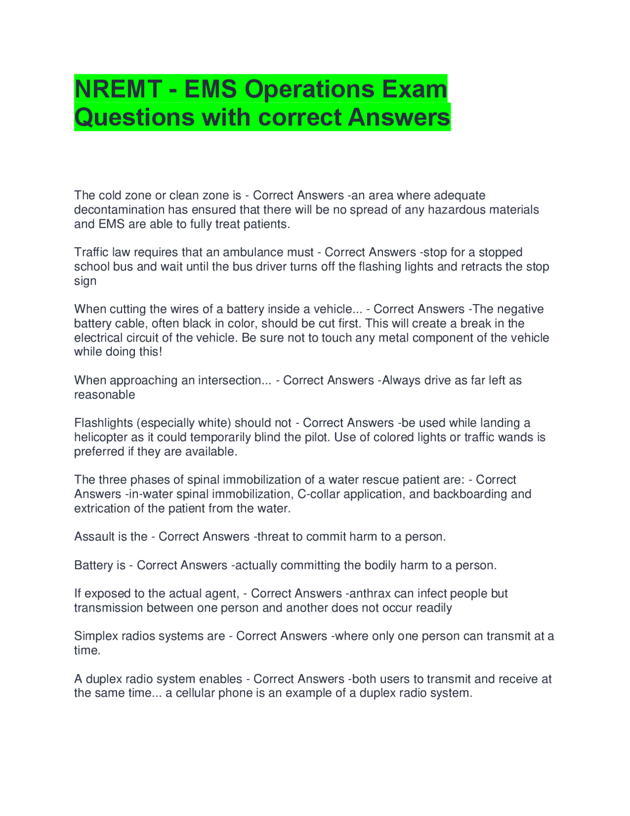 NREMT - EMS Operations Exam Questions with correct Answers | Exams ...