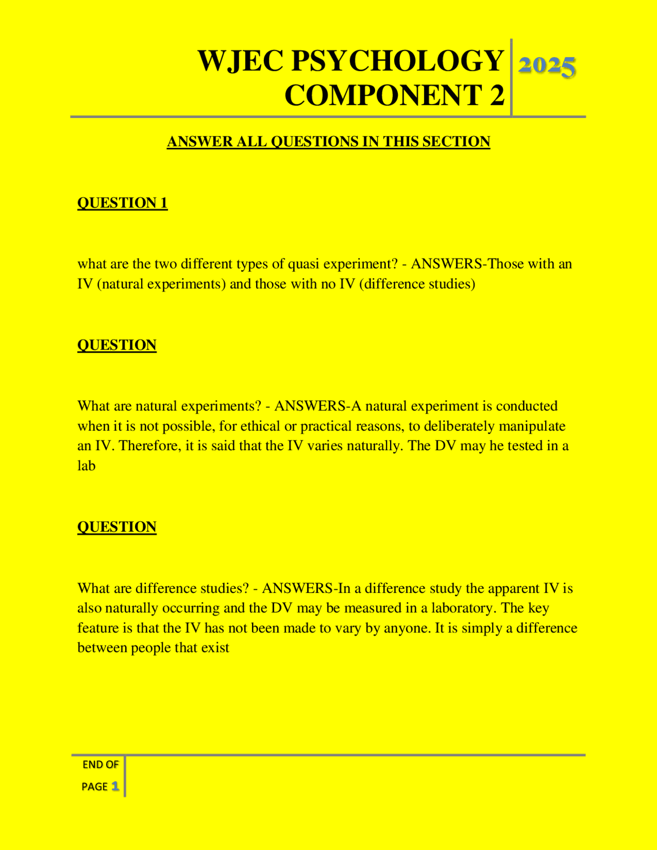WJEC Psychology Component 2: Quasi-Experiments, Sampling, and Research ...