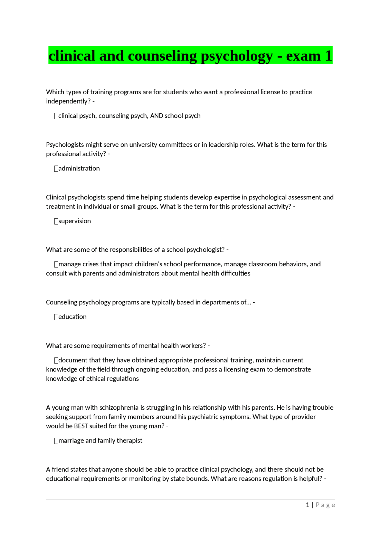 Clinical and Counseling Psychology Exam 1: Key Concepts and Practice ...