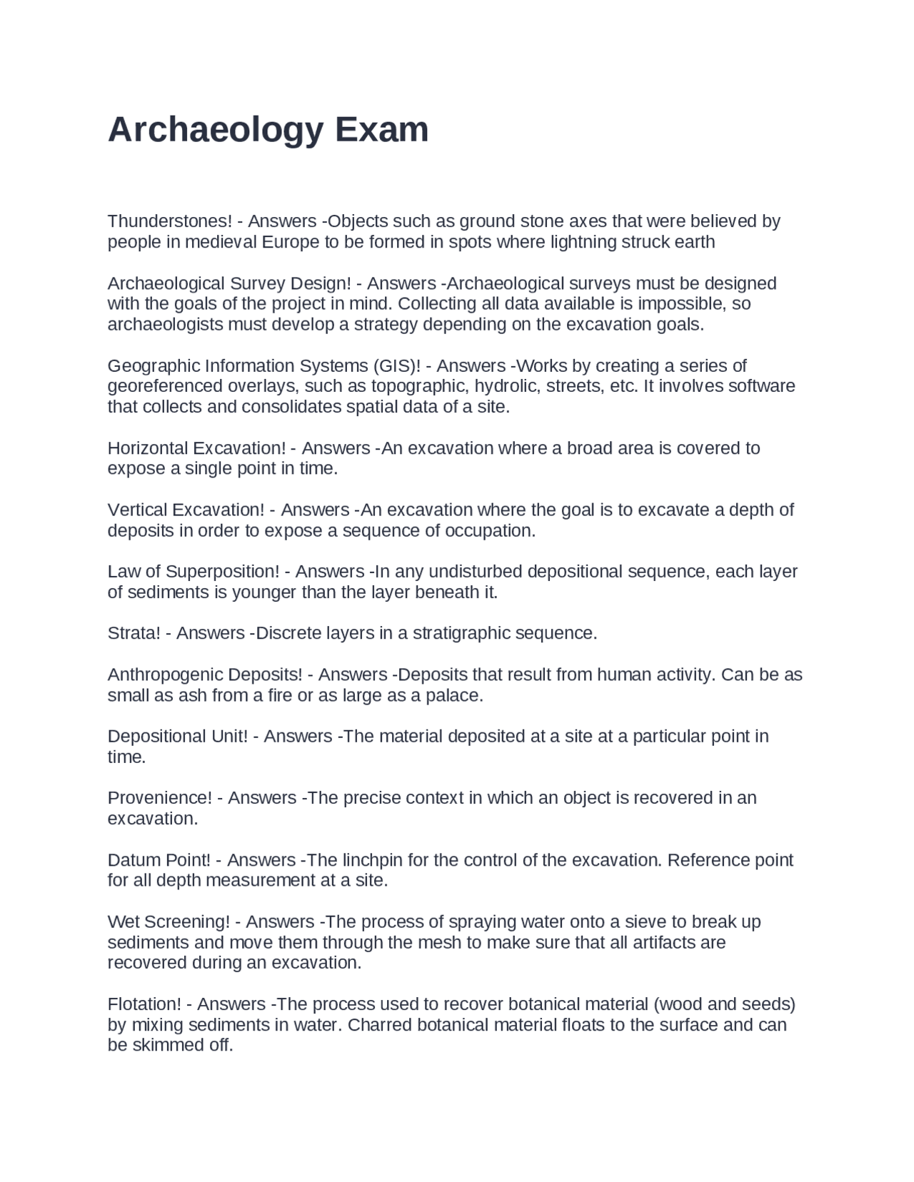 Archaeology Exam: Key Concepts and Definitions | Exams Archeology | Docsity