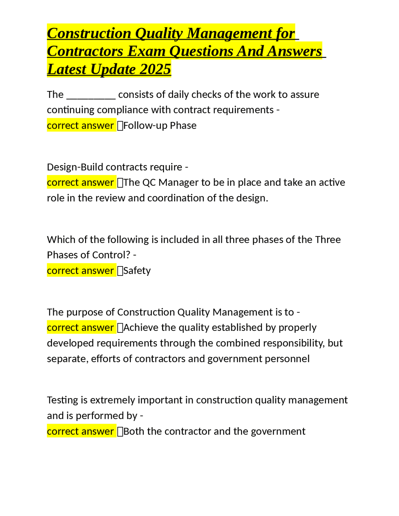 Construction Quality Management for Contractors Exam Questions And ...