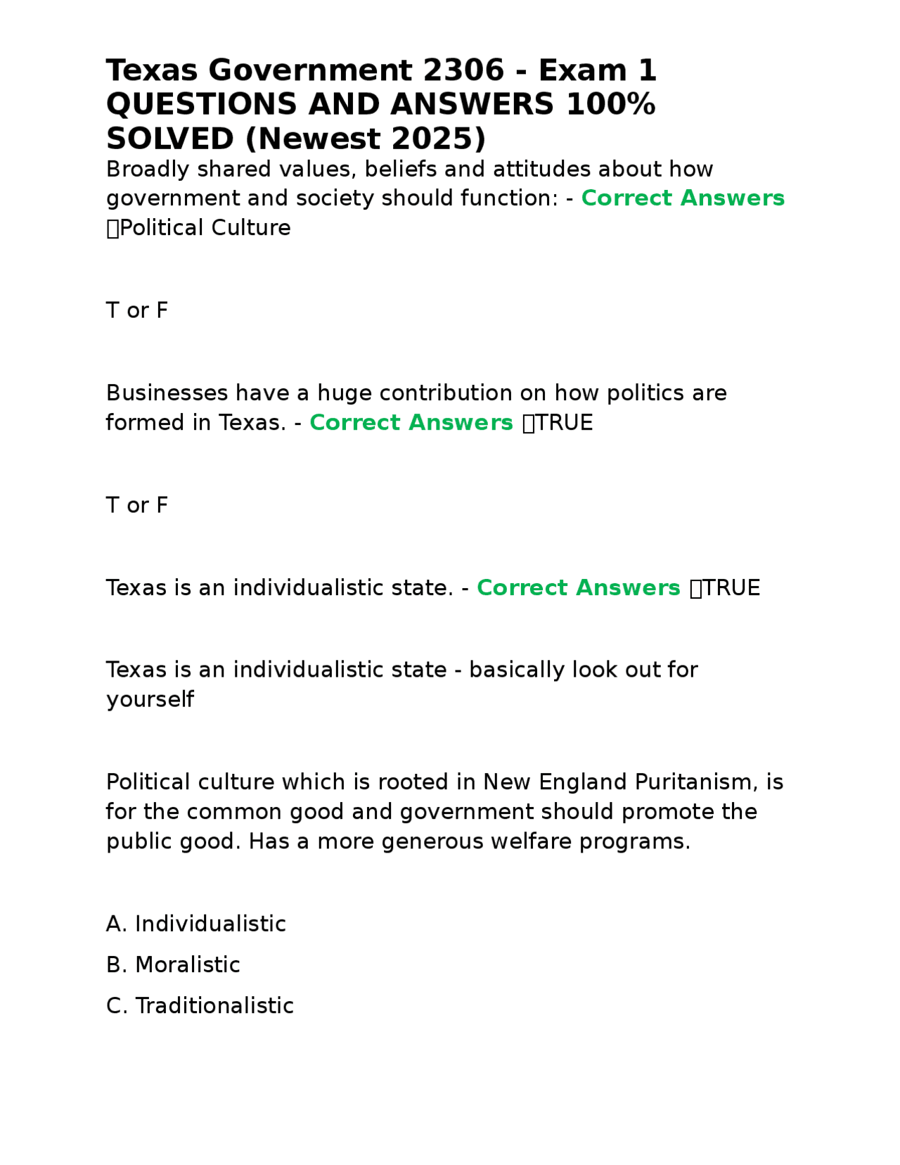 Texas Government 2306 - Exam 1 QUESTIONS AND ANSWERS 100% SOLVED ...