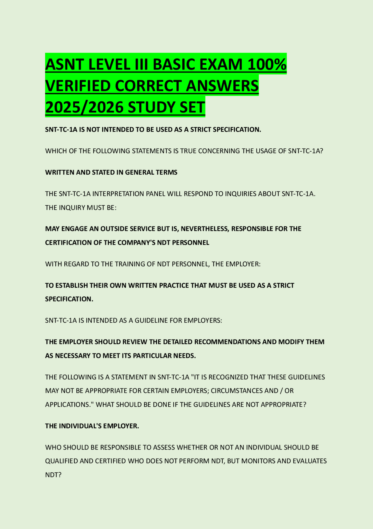 ASNT LEVEL III BASIC EXAM 100% VERIFIED CORRECT ANSWERS 2025/2026 STUDY ...