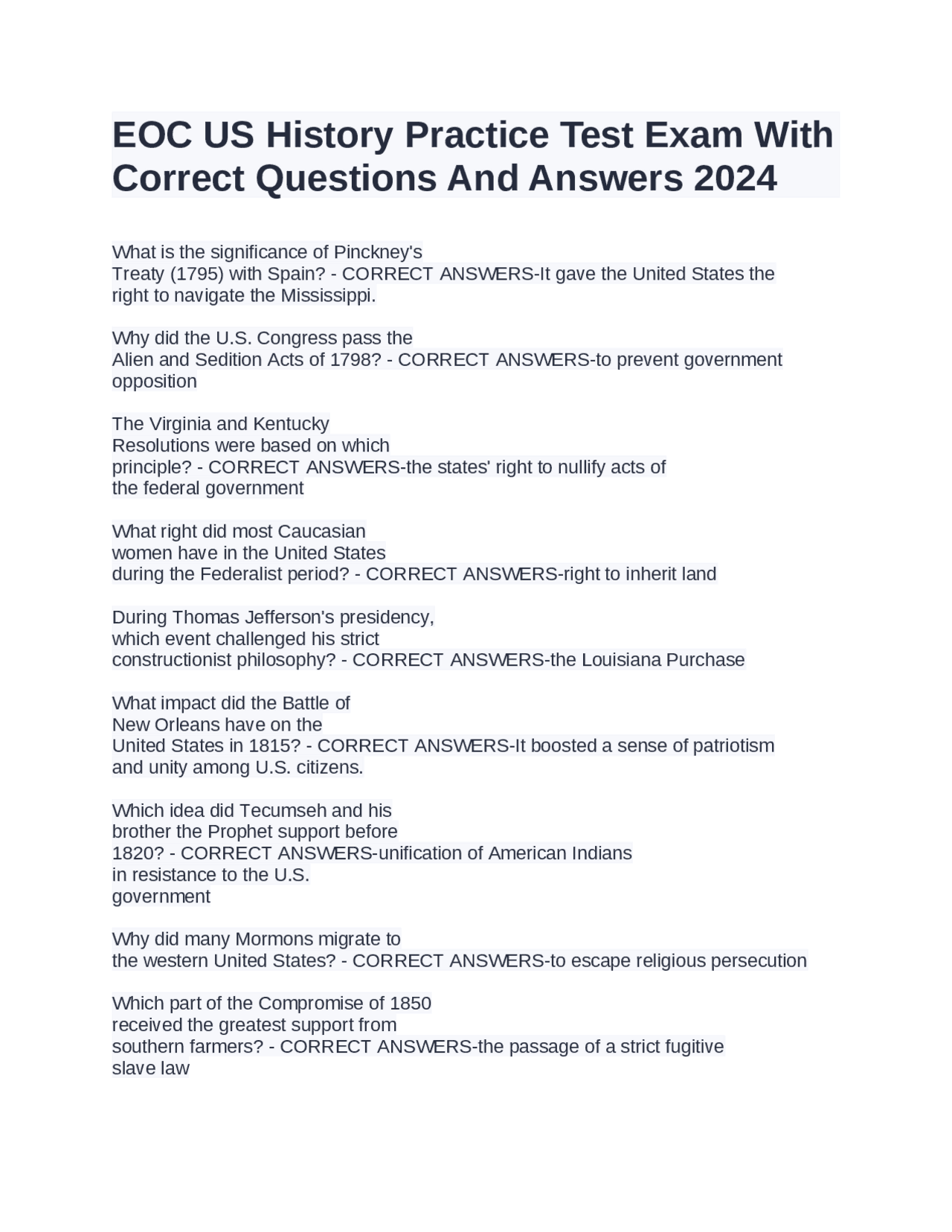 EOC US History Practice Test Exam With Correct Questions And Answers ...