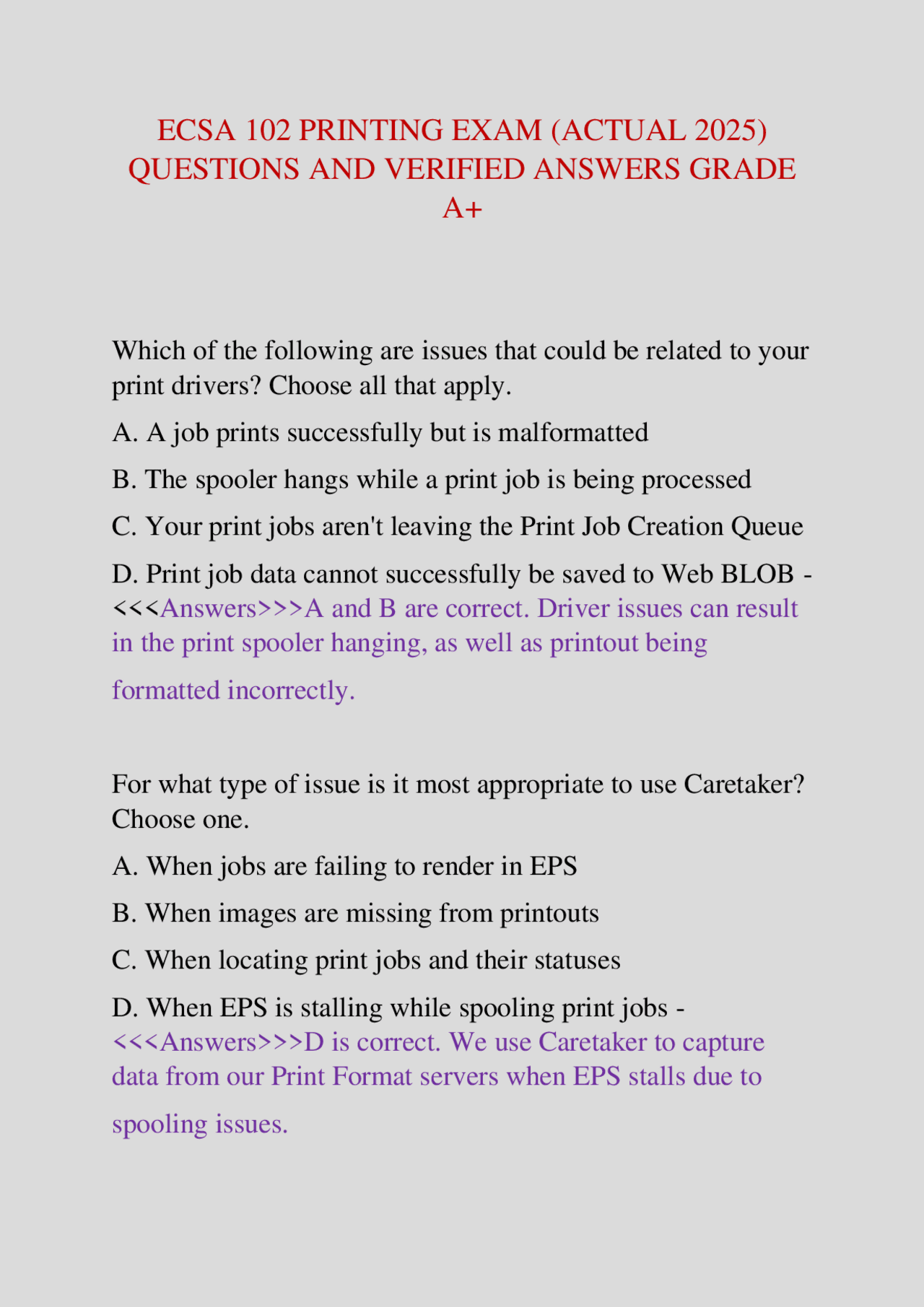 ECSA 102 PRINTING EXAM (ACTUAL 2025) QUESTIONS AND VERIFIED ANSWERS ...