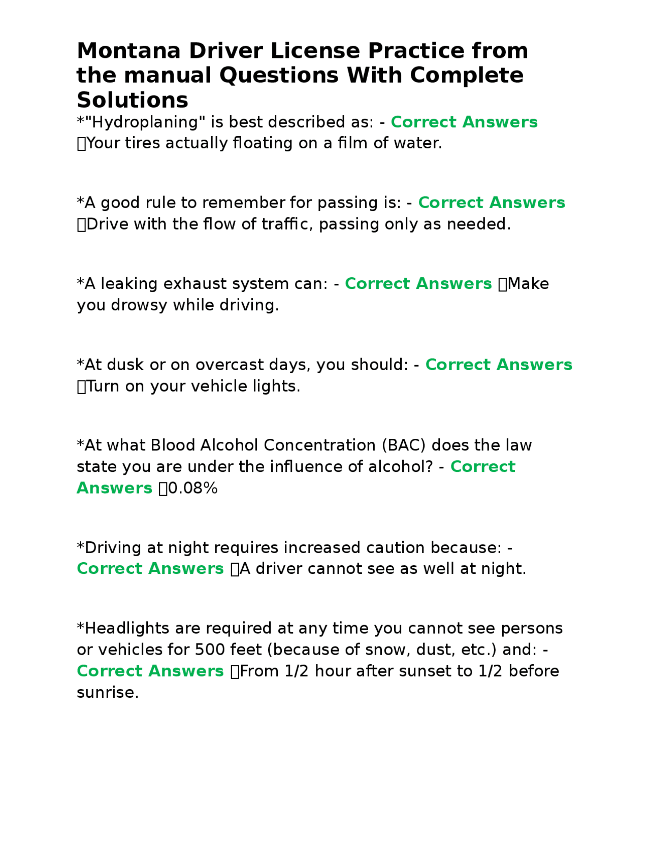 Montana Driver License Practice Questions and Answers | Exams Nursing ...