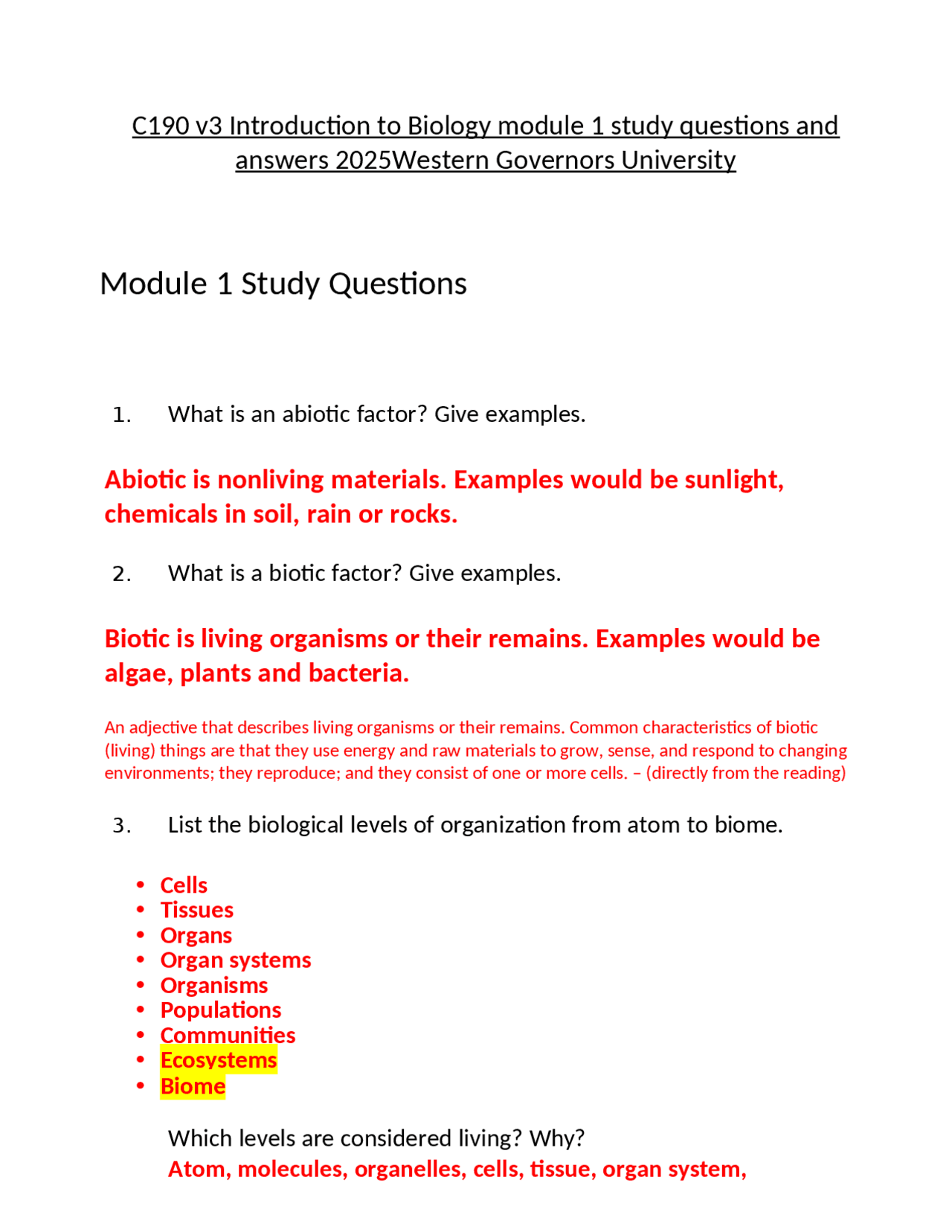 Introduction to Biology Module 1 Study Questions and Answers | Exams ...